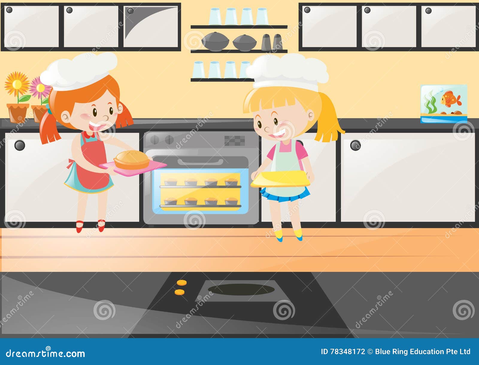 Two Girls Baking Cake in Kitchen Stock Vector - Illustration of clip ...