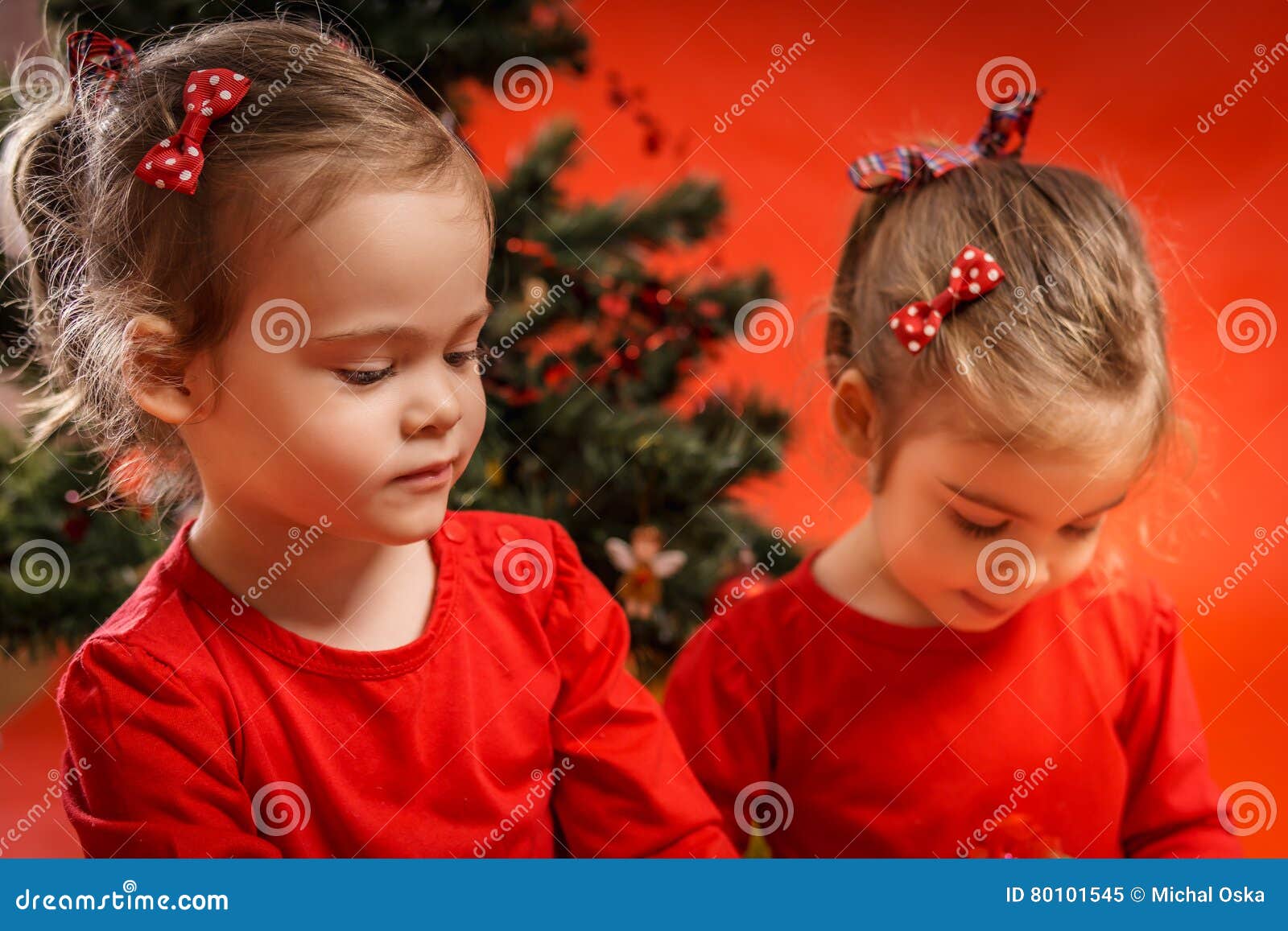 Two Girls and a Christmas Tree Stock Image - Image of preschooler ...