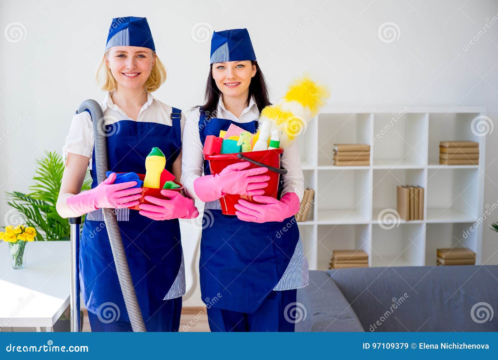 Two Girls of Cleaning Service Stock Image - Image of apron ...