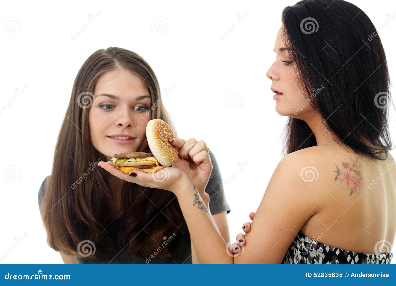 Two Girls Divide One Sandwich Stock Image - Image of beauty, adult ...
