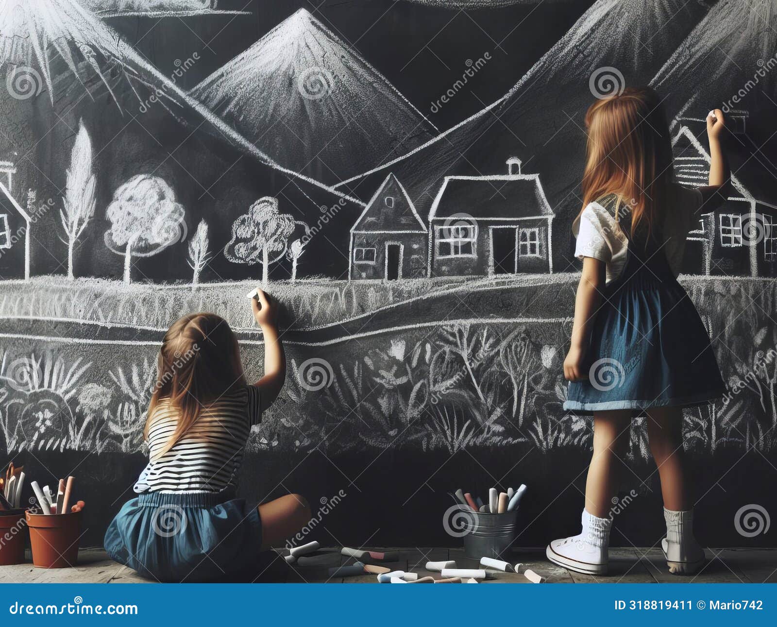 Two Girls Drawing with Chalk on a Blackboard Stock Illustration ...