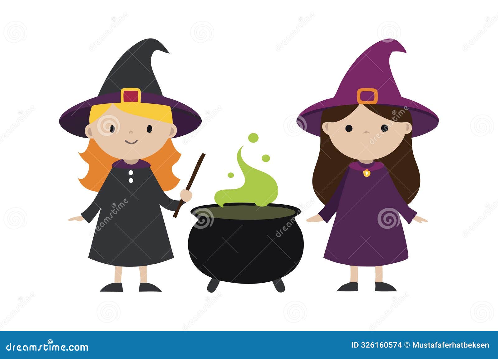 Two Girls Dressed As Witches With A Cauldron Vector Illustration ...