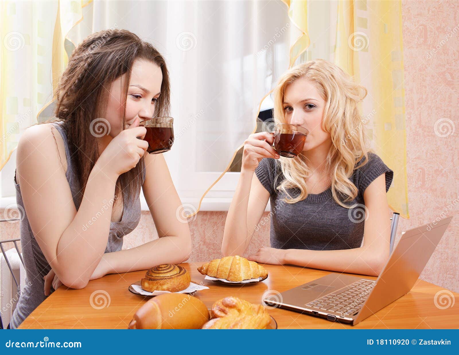 Two girls drinking tea stock photo. Image of laptop, drink - 18110920