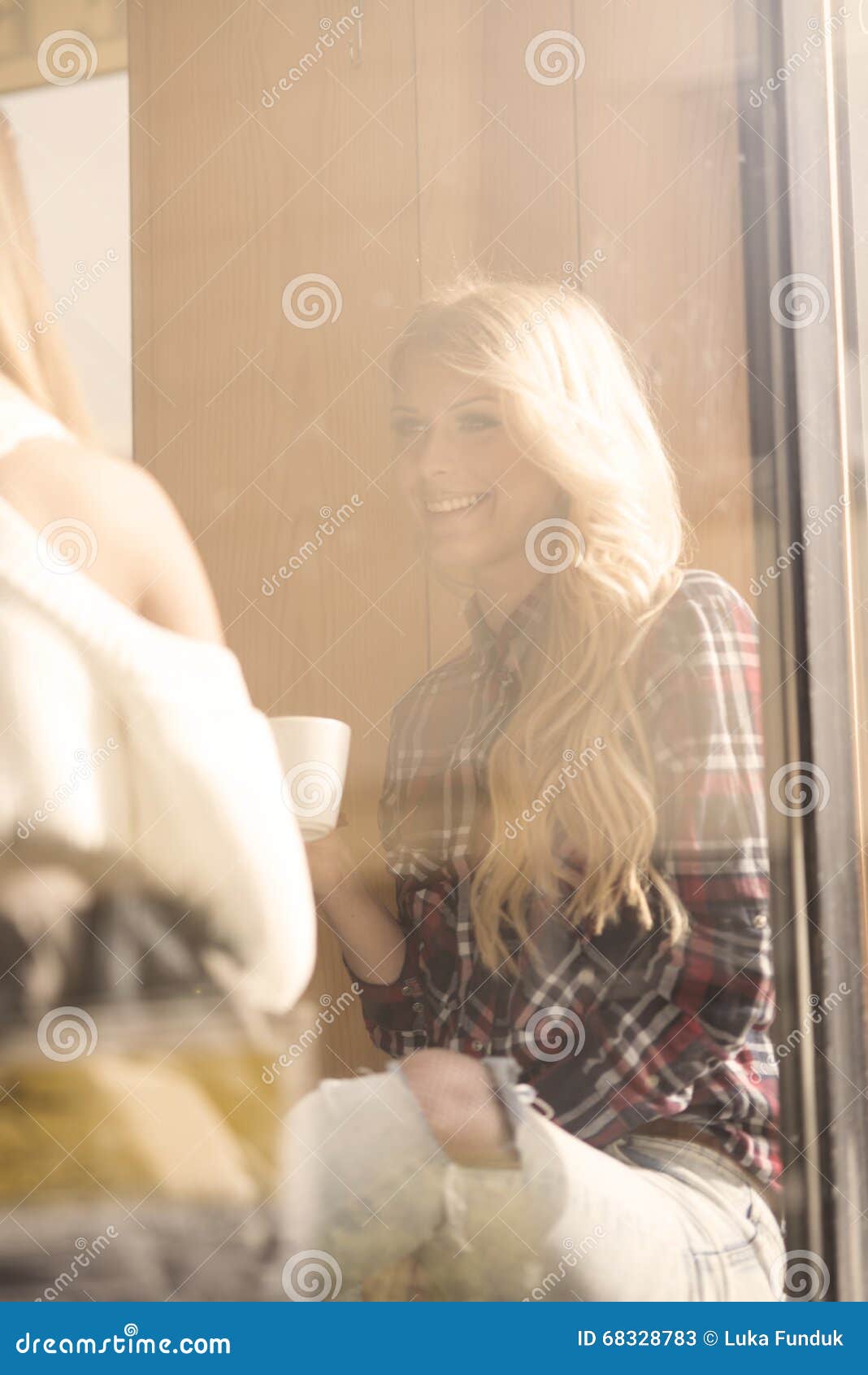 Two Girls Having Fun while Drinking Coffee Stock Image - Image of phone ...