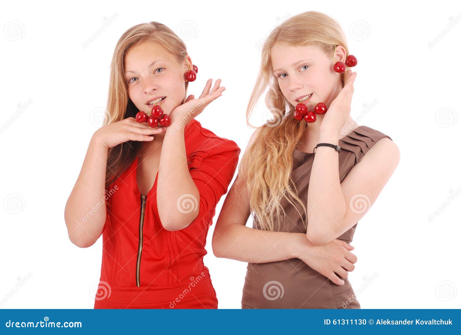 Two Girls Hold in Lips Fresh Cherries Stock Photo - Image of objects ...