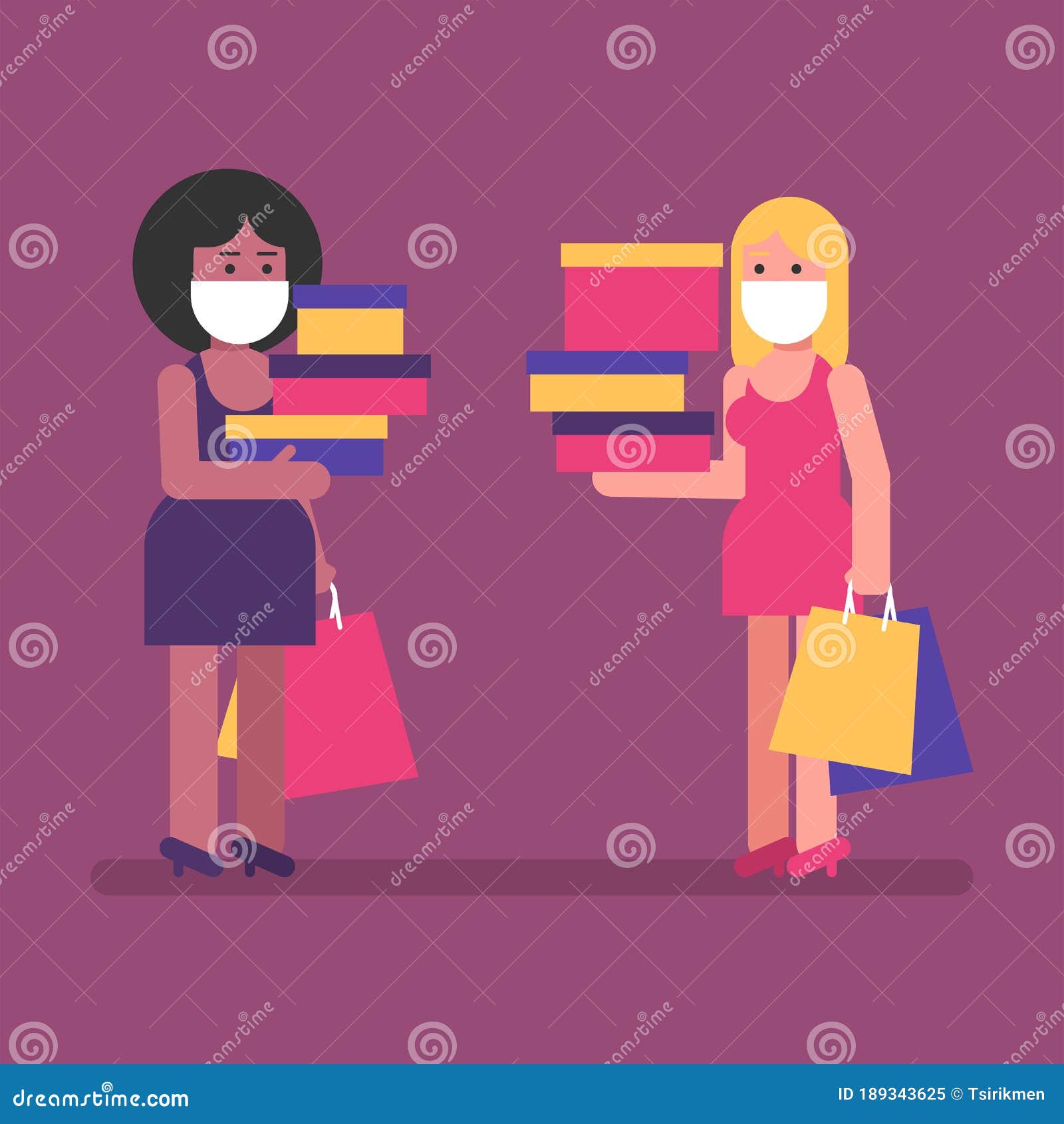Two Girls Hold Packages and Boxes with Purchases. Flat People Stock ...