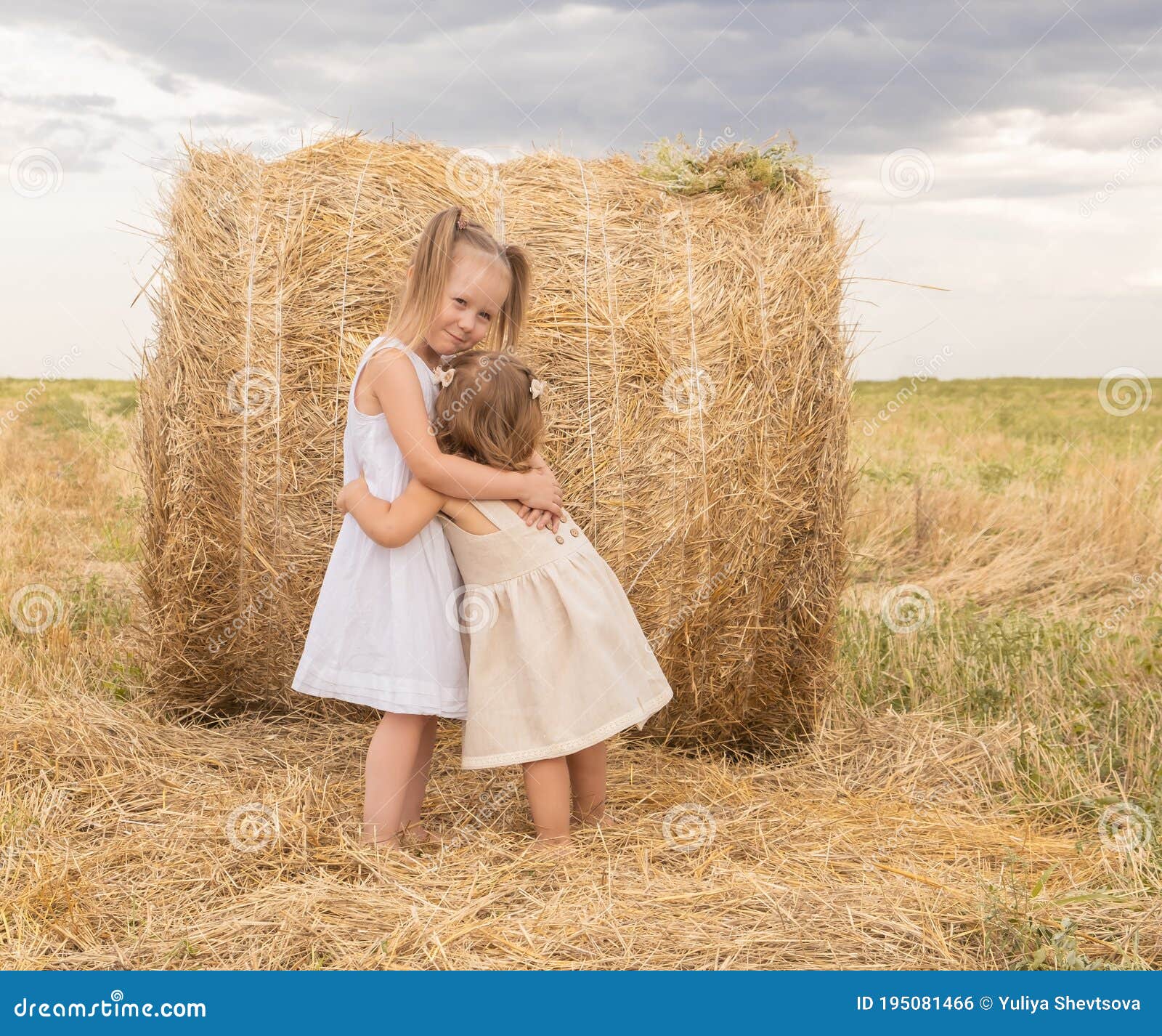 Two Girls Hugging Standing on the Hay. Stock Photo - Image of people ...