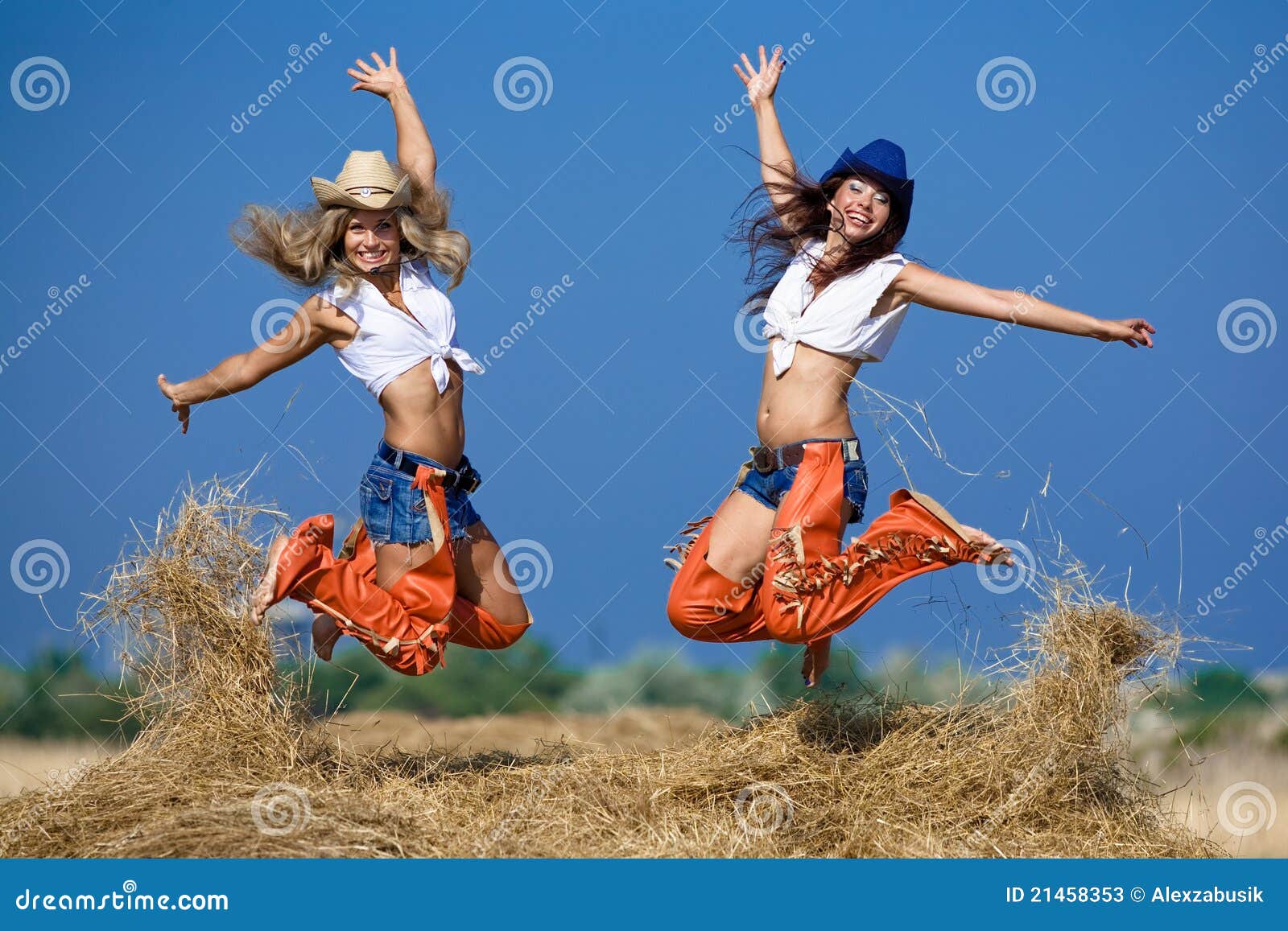 Two Girls Jumping on Haystack Stock Image - Image of outdoors, cutoffs ...