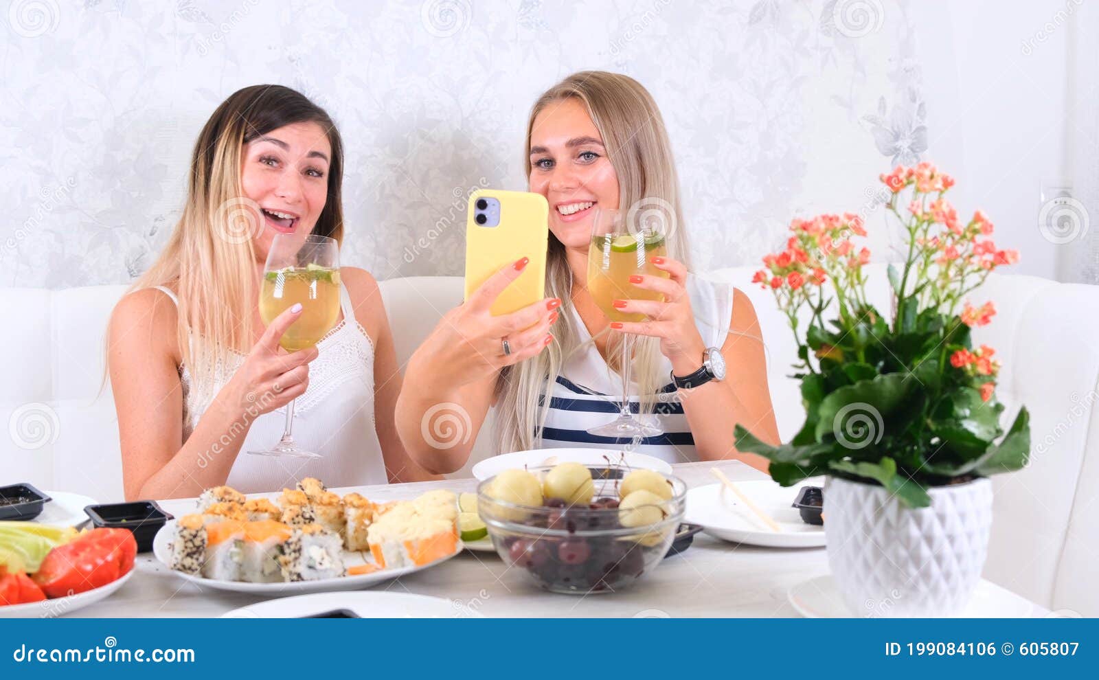 Two Girls Laughing Girls Talking on Video Communication on Smartphone ...