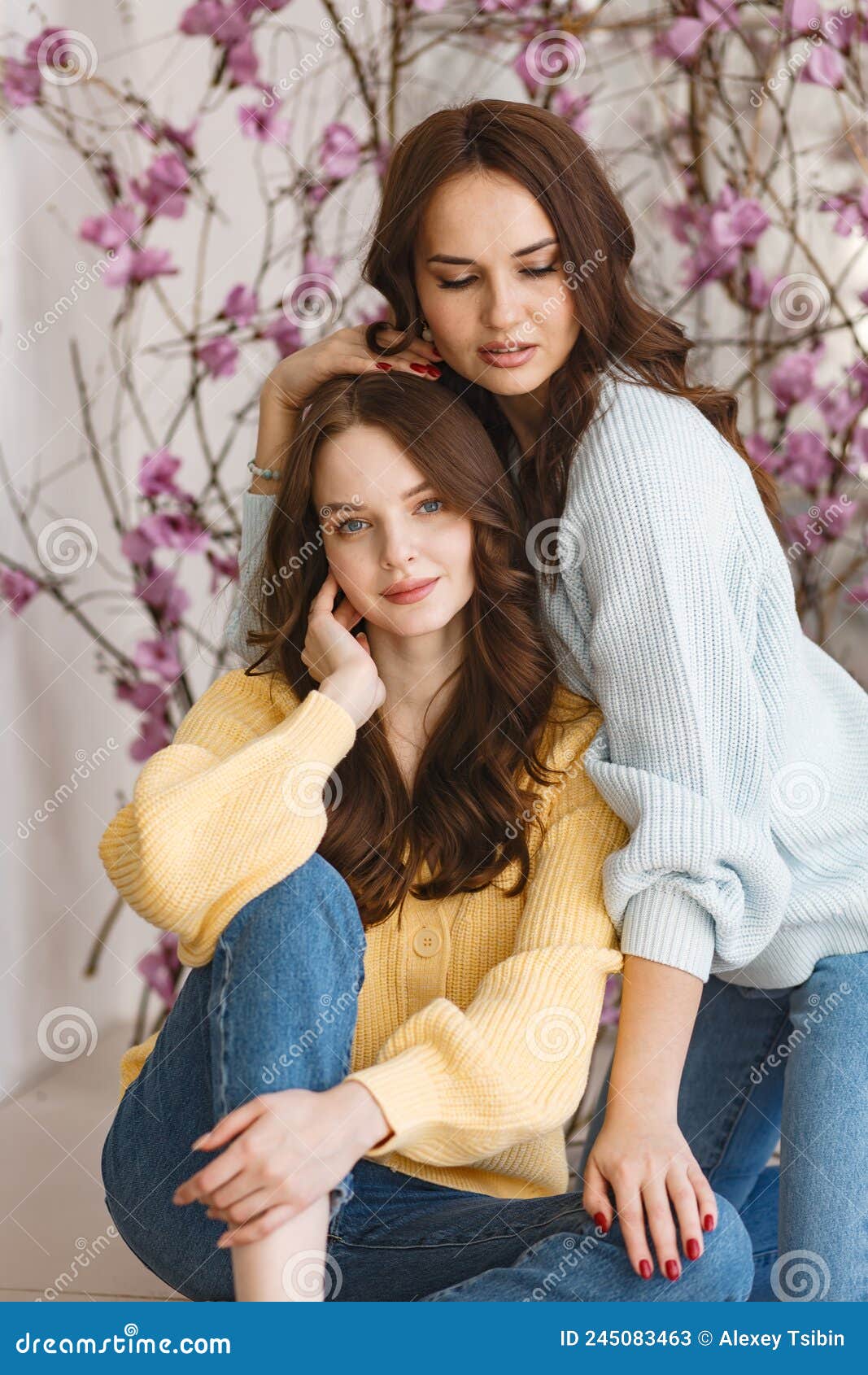 Two Girls, Models, Have Fun and Smile in a Photo Studio. Expression of ...