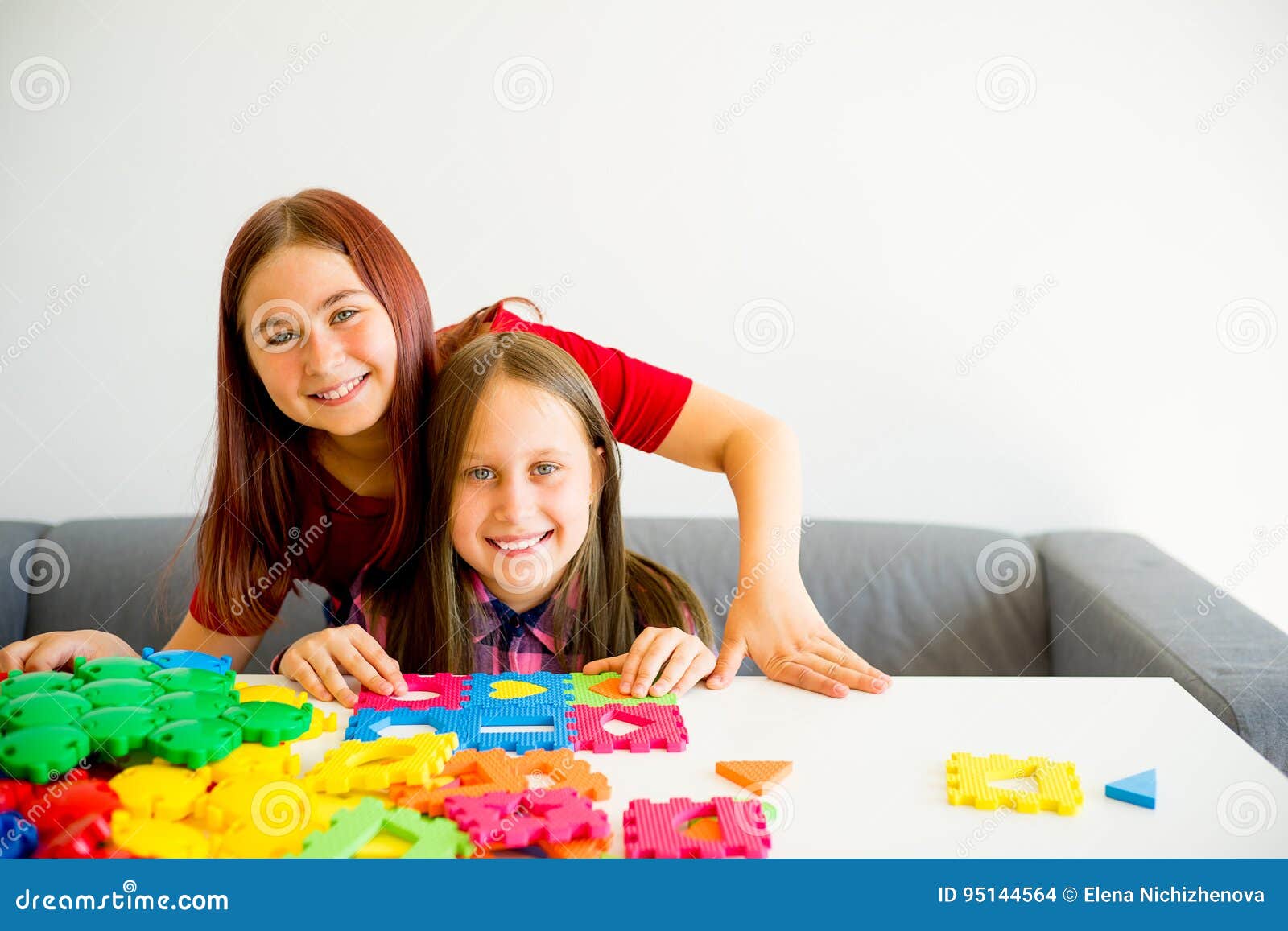Two Girls Playing with Construction Blocks Stock Photo - Image of cute ...