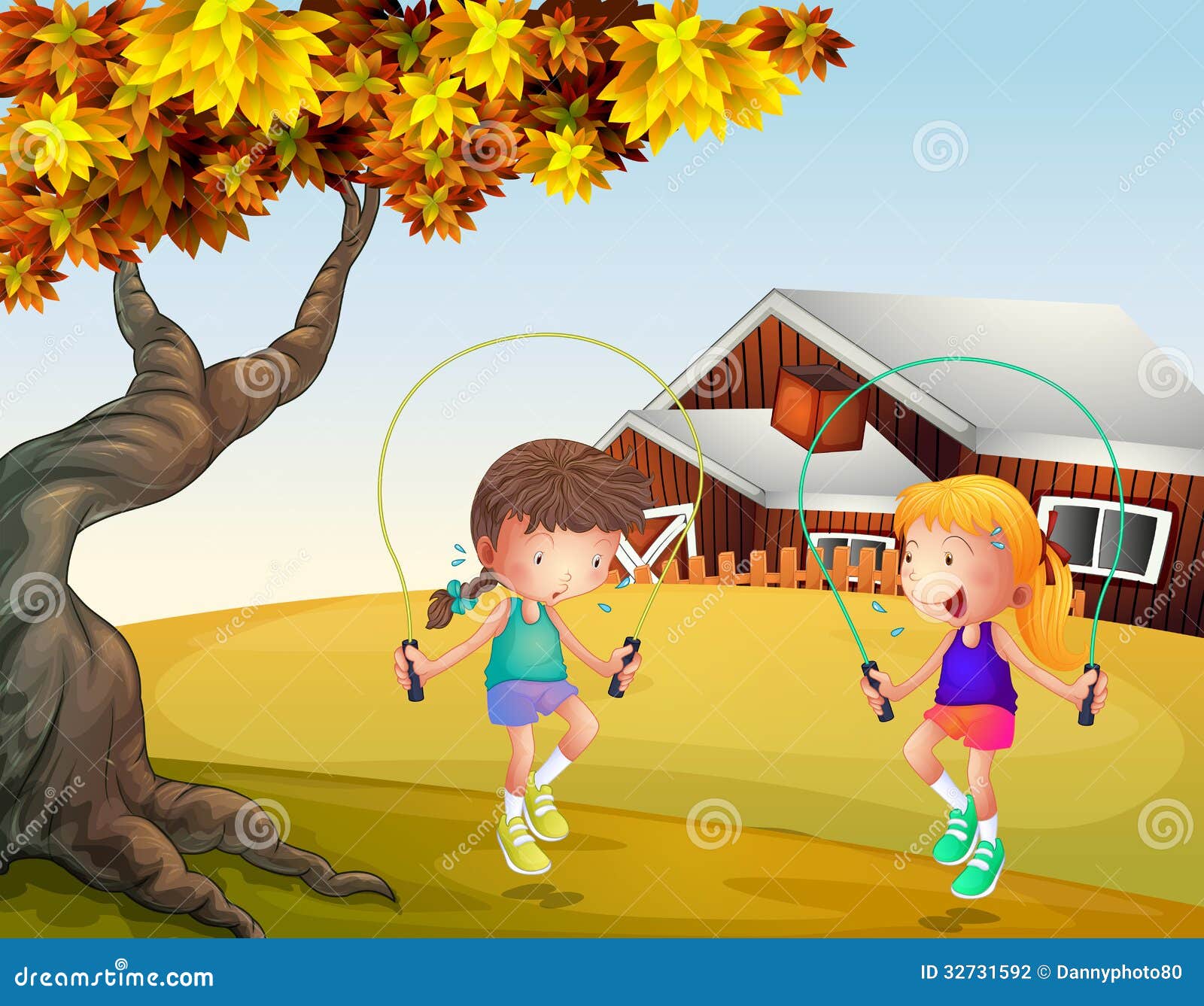 Two Girls Playing Jumping Rope at the Backyard Stock Vector ...