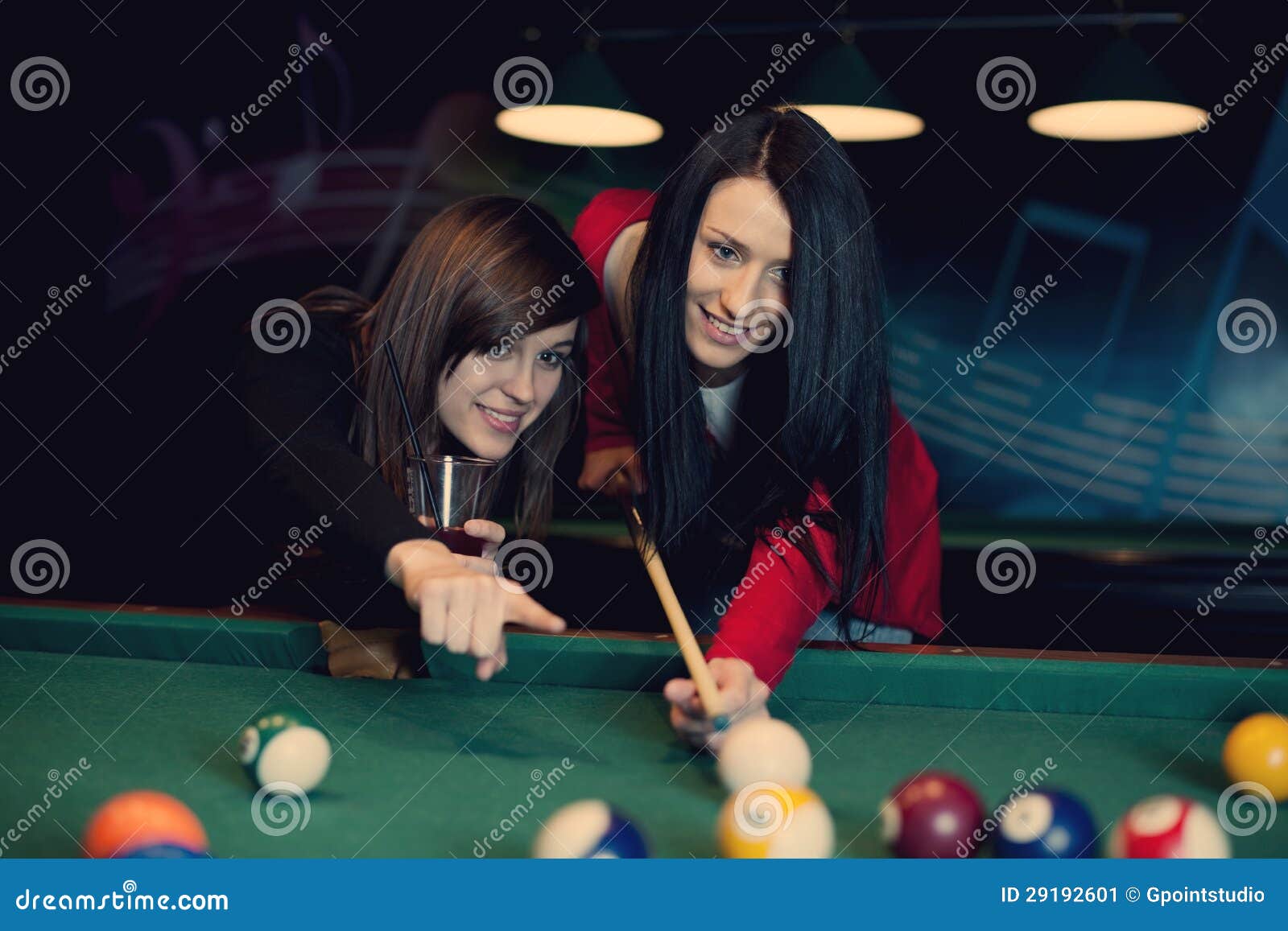 Two Girls Playing Pool Game Stock Image - Image of hair, pursuit: 29192601