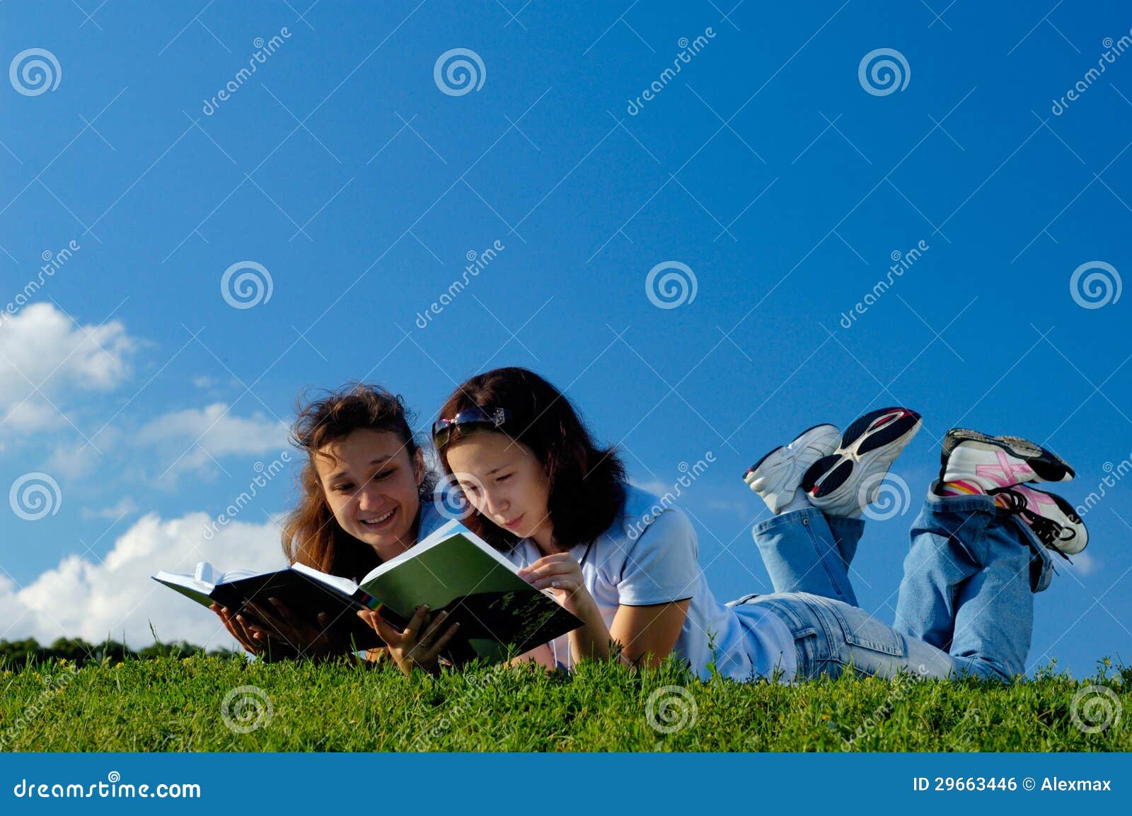 Two Girls Reading Books Outside Stock Photo - Image of nature, blue ...