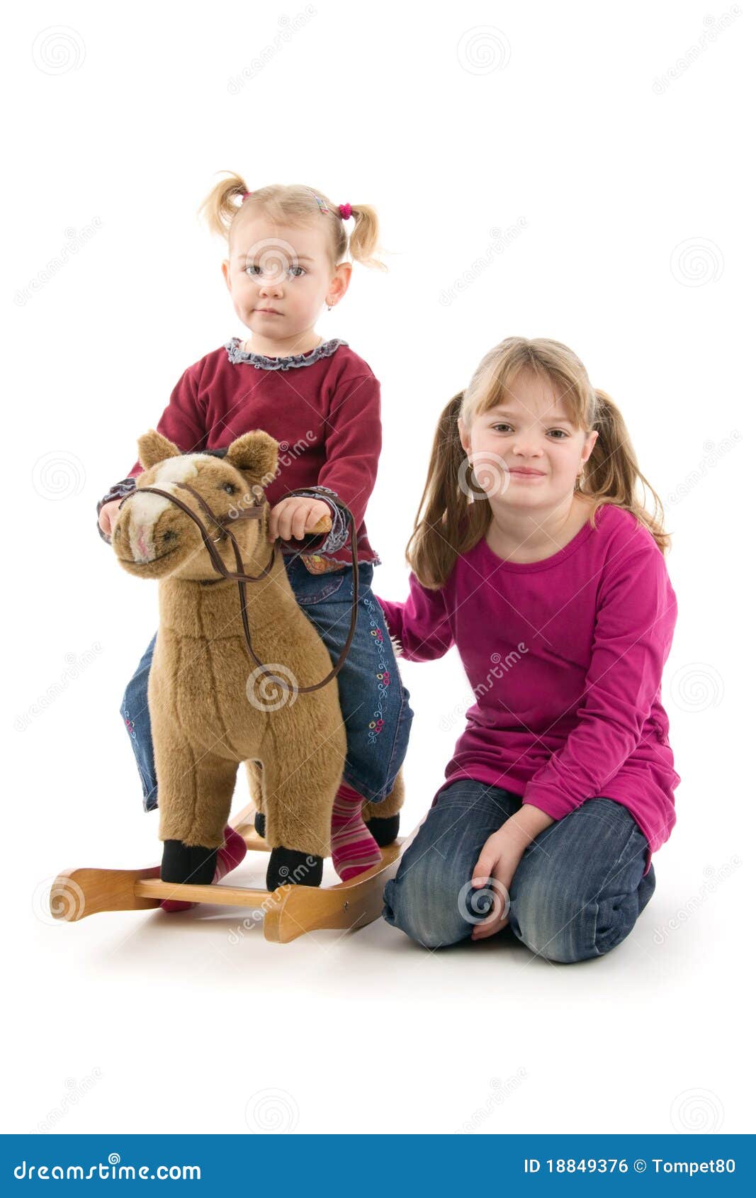 Two Girls with Rocking Horse Stock Photo - Image of isolated, childhood ...
