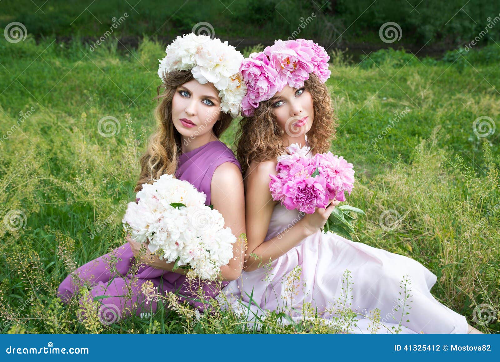 Two Girls with Rose Peony Wreath Stock Photo - Image of wreath, shore ...