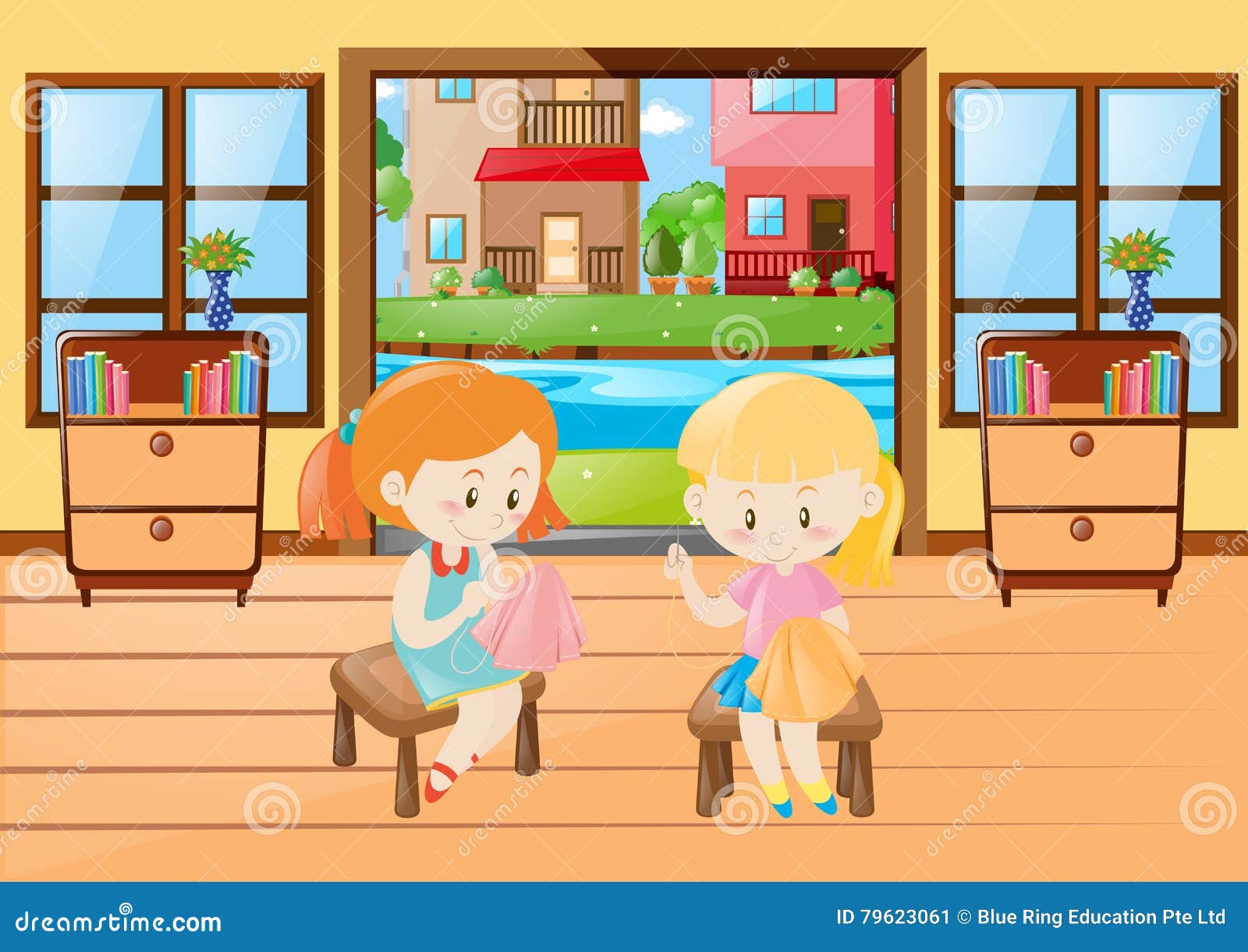 Two Girls Sewing Cloth in Room Stock Vector - Illustration of housework ...