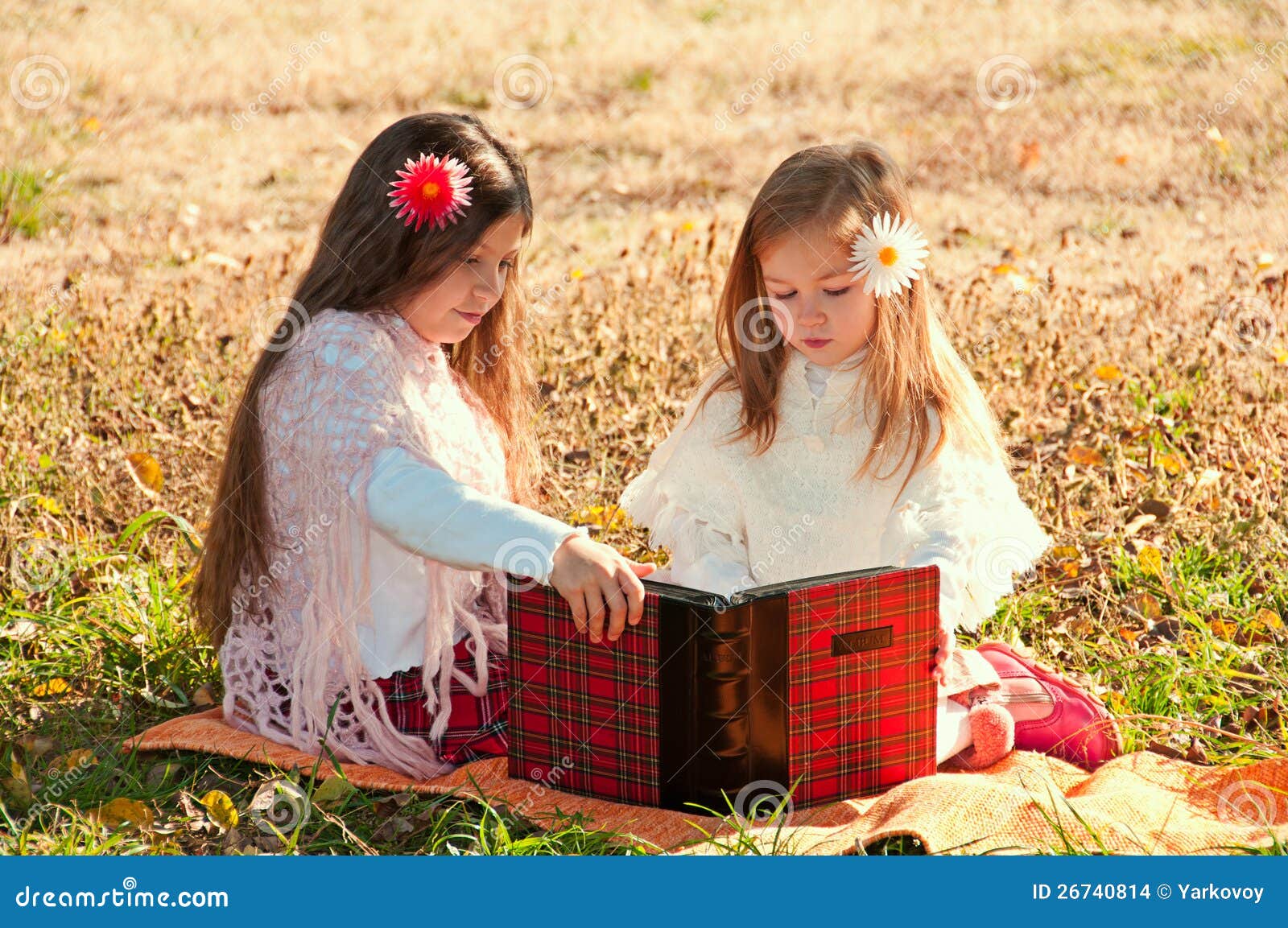 Two Girls Sisters Read the Book on the Grass Stock Photo - Image of ...