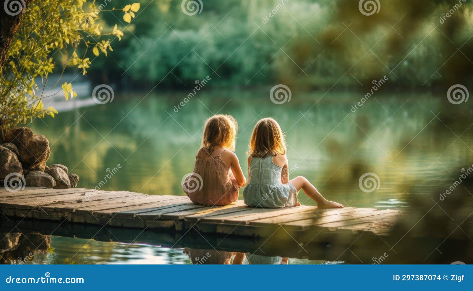 Two Girls Sitting on a Dock Looking at the Water Stock Illustration ...