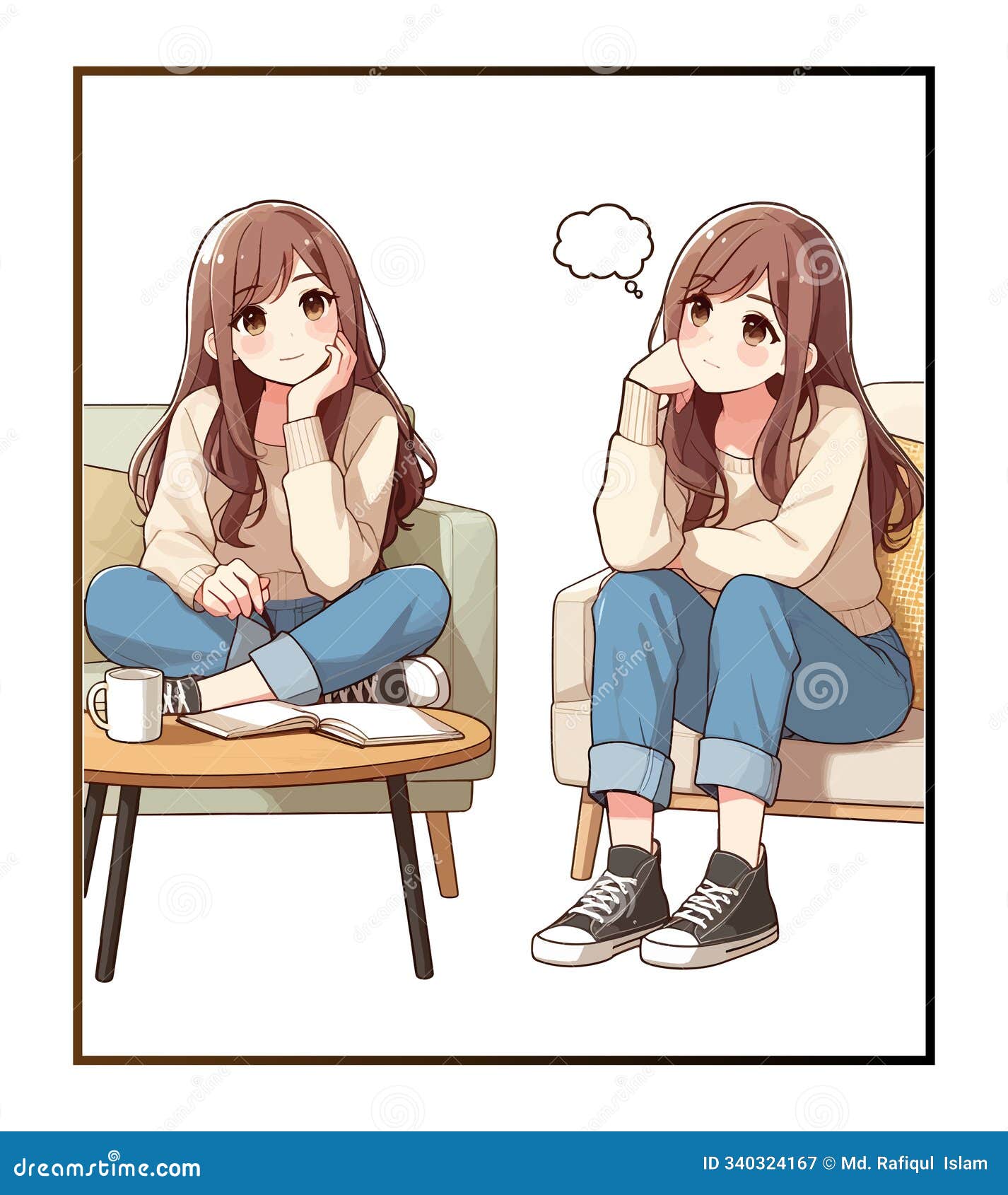 Two Girls Sitting Sofa Thinking with Hands Cheeks Stock Illustration ...