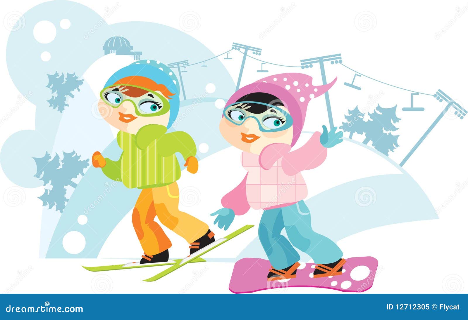 Two Girls on Skis and Snowboard Stock Vector - Illustration of active ...