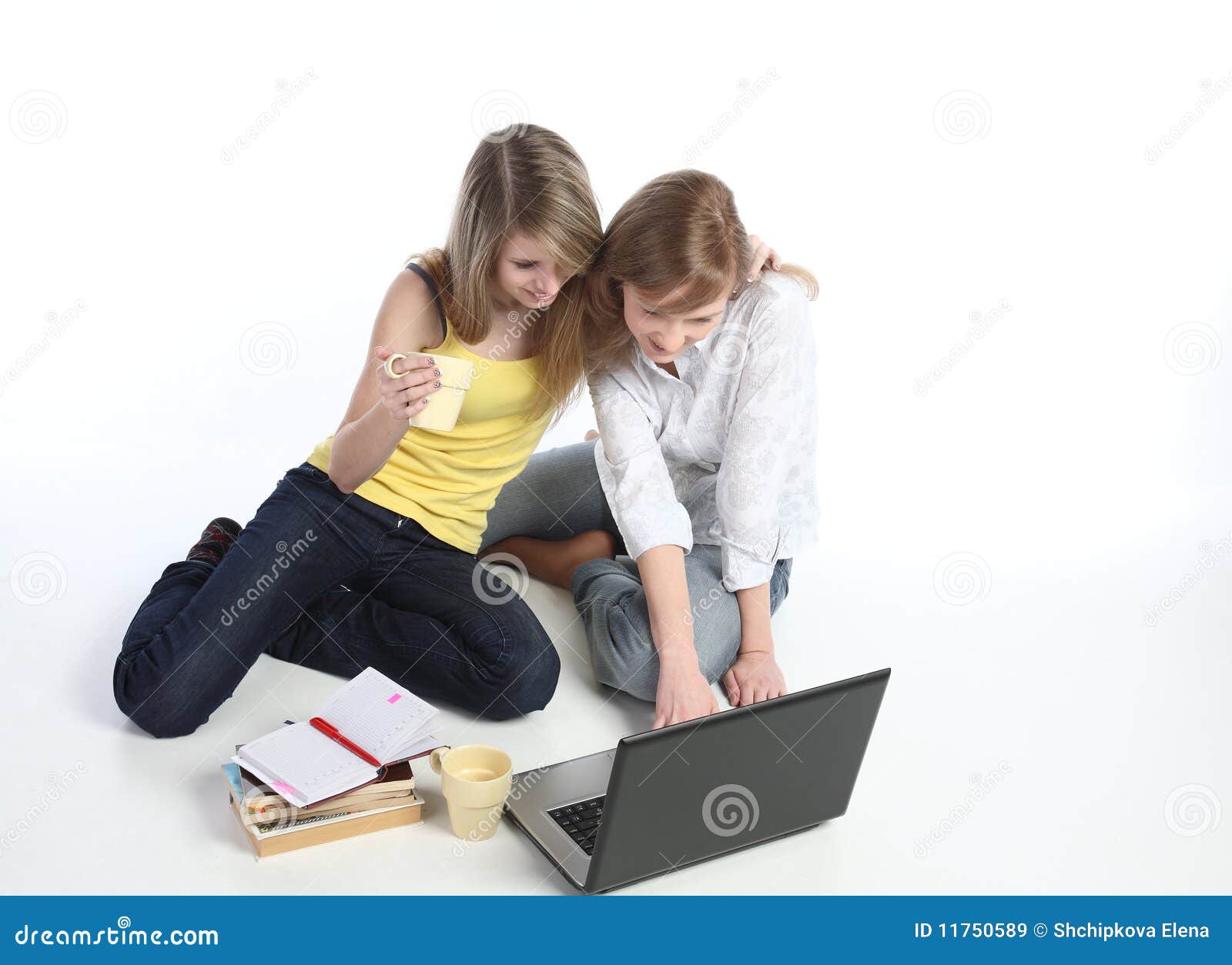 Two Girls-students Work on the Laptop. Stock Image - Image of ...