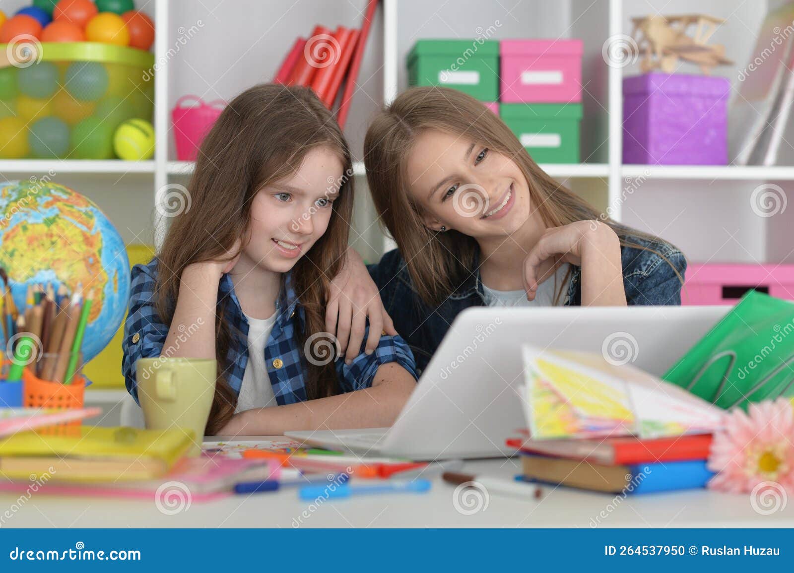 Two Girls Studying with Laptop at Home Stock Photo - Image of lifestyle ...