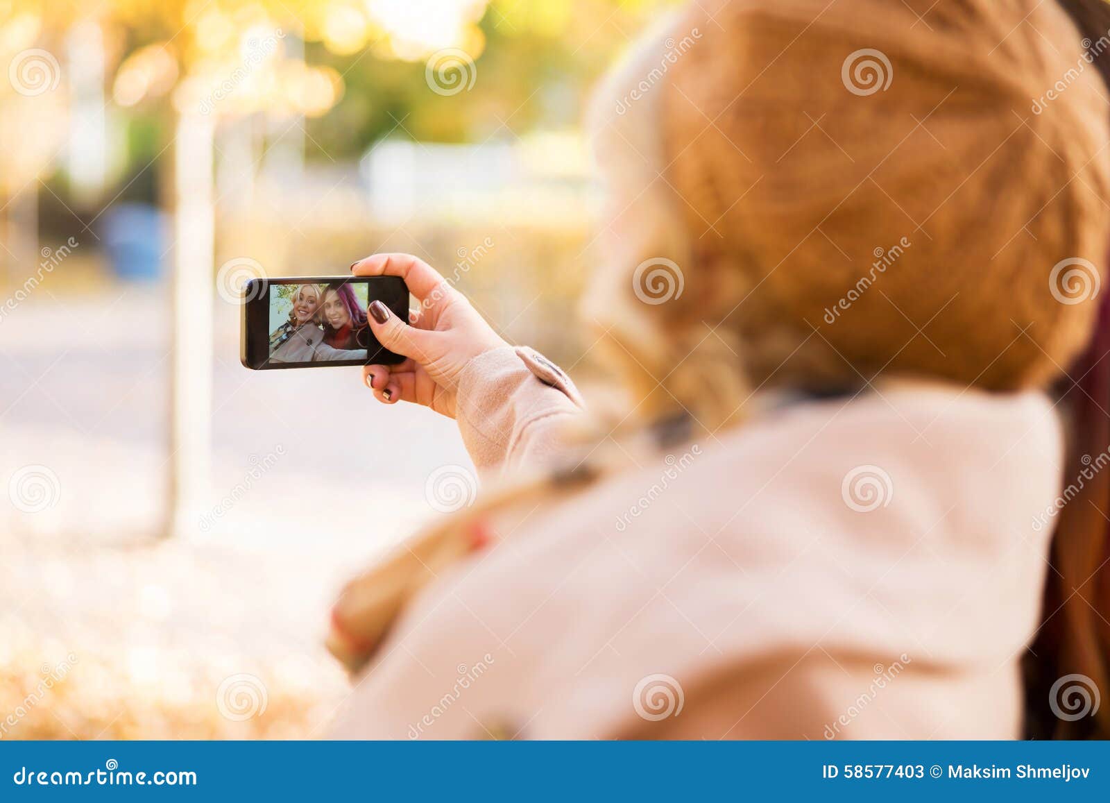Two Girls Taking Selfies In The Autumn Park Stock Image Image Of