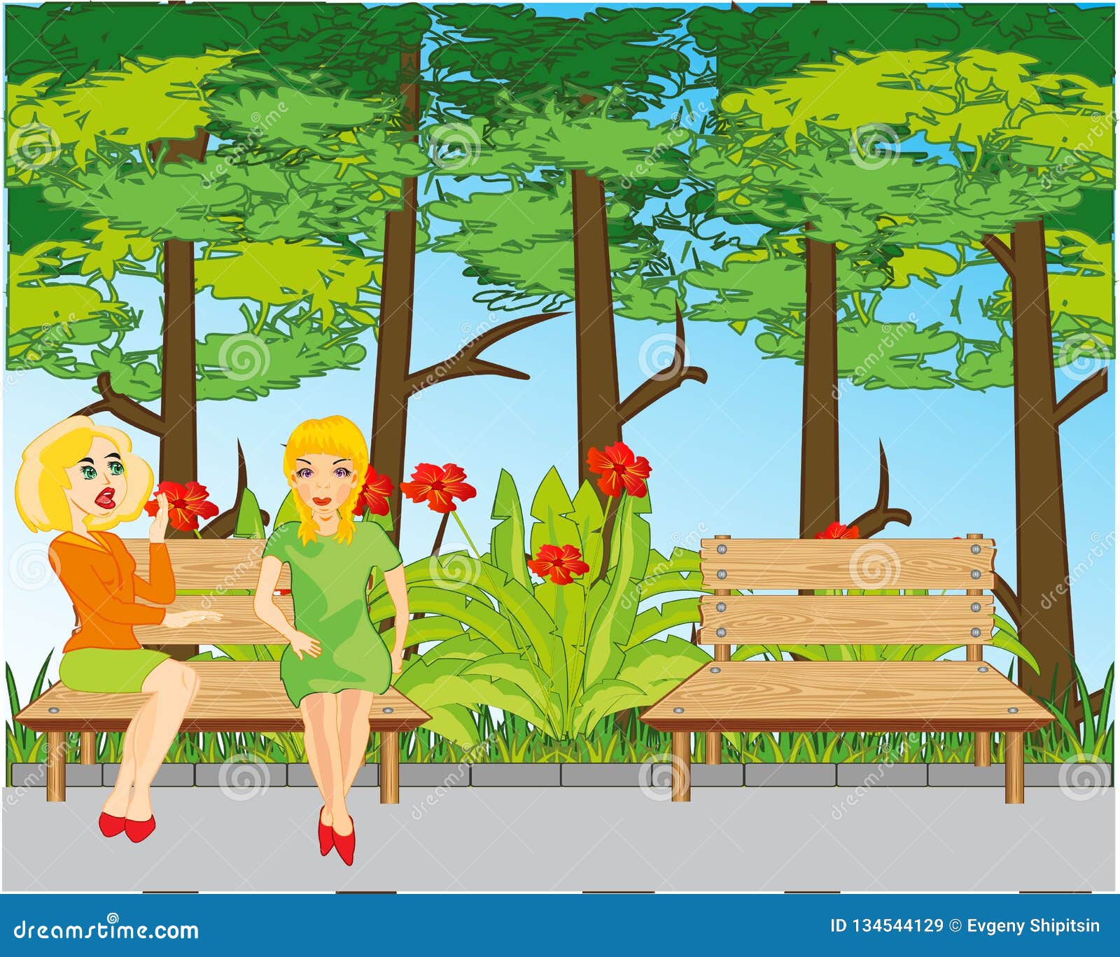 Two Girls Talk on Bench in Park Stock Vector - Illustration of nature ...