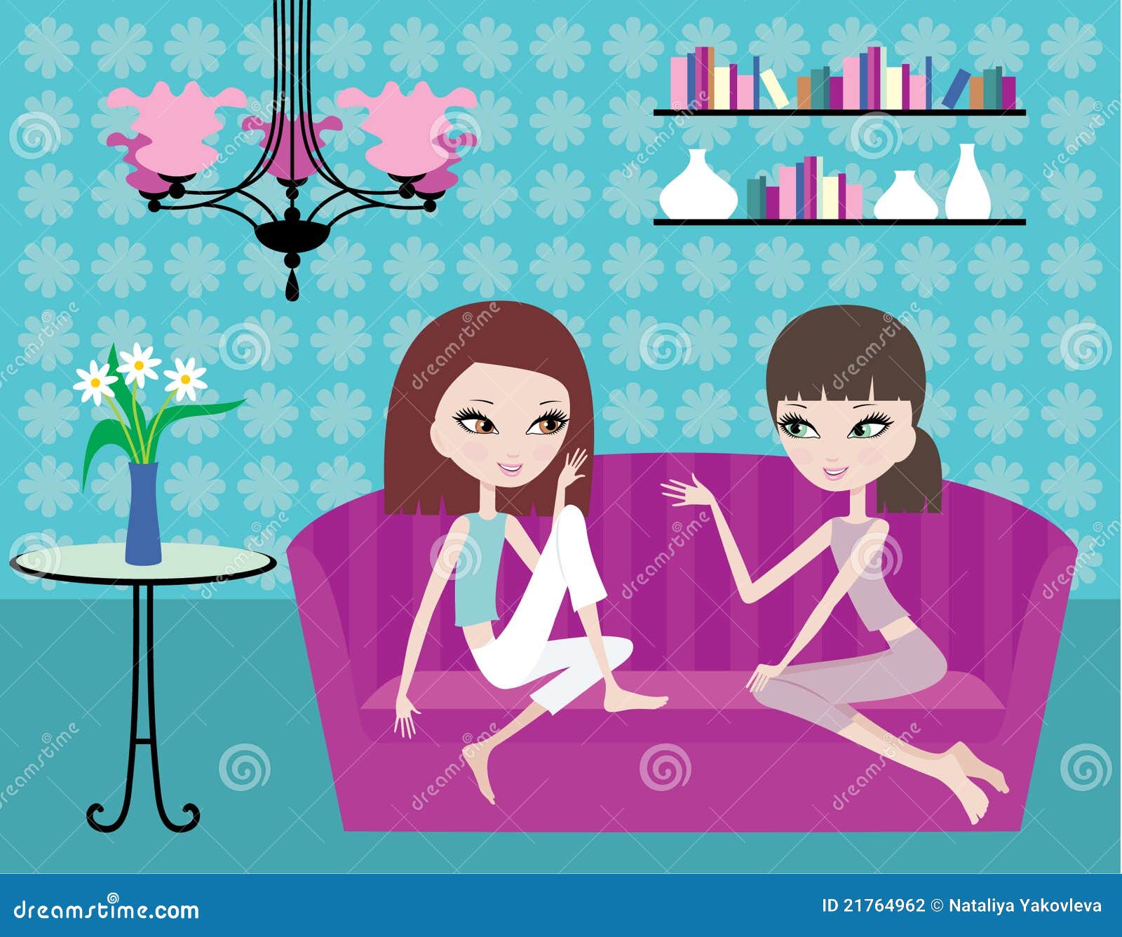 Two girls talk on a sofa stock vector. Illustration of pajamas - 21764962
