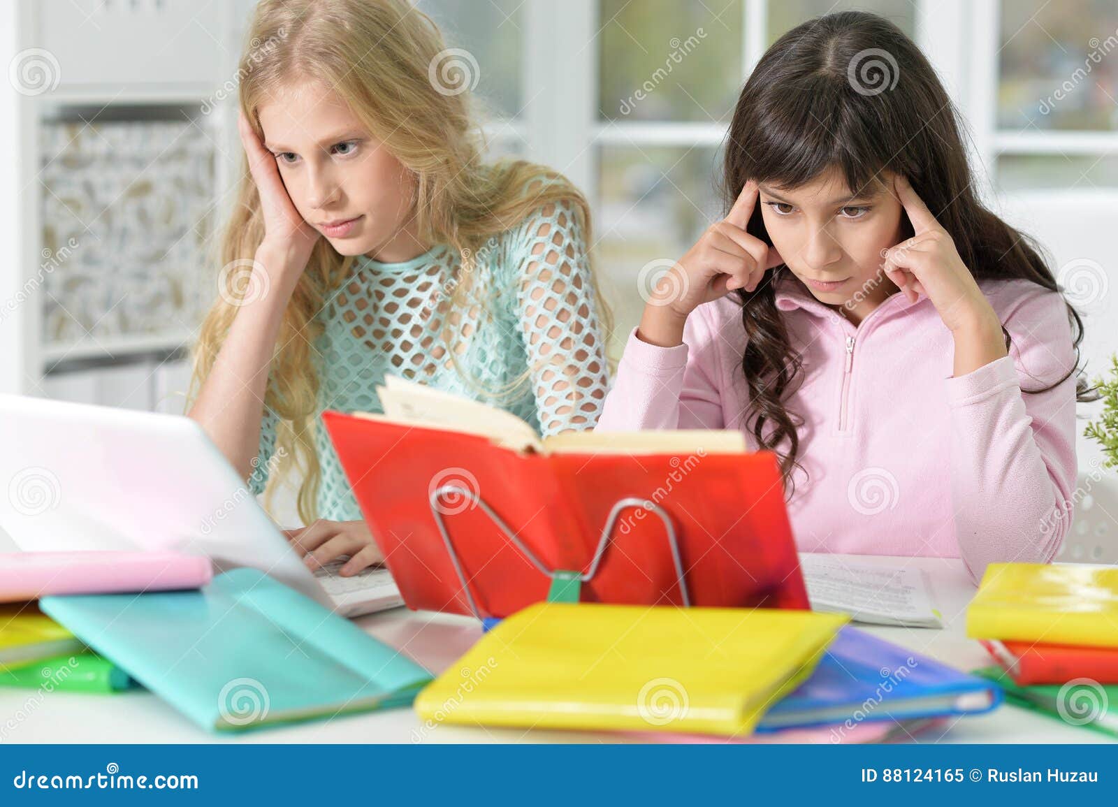 Two Girls with Their Homework Stock Image - Image of lesson, white ...