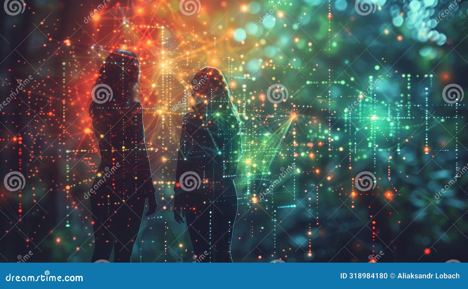 Two Girls Using Eco-future Technologies in the Ecosystem. Working in an ...