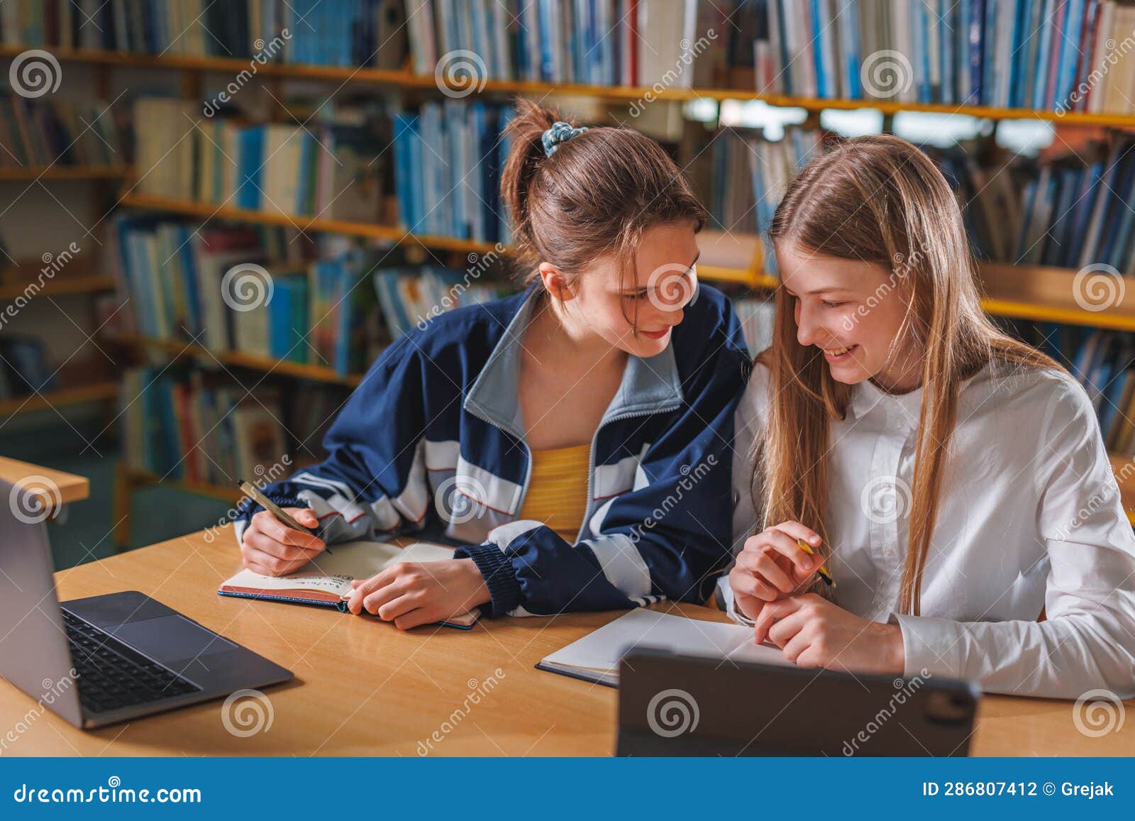 Two Girls Using a Laptop during Online Lessons in the Library Stock ...