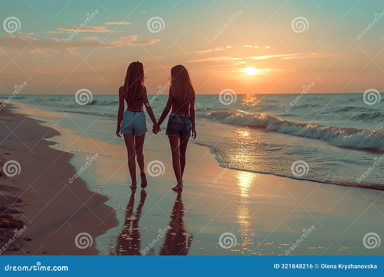 Two Girls Walk Along the Beach Stock Illustration - Illustration of ...