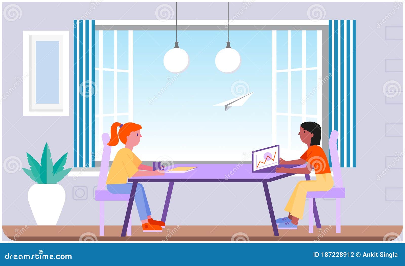 Two Girls Working on Laptop in the Office Stock Vector - Illustration ...
