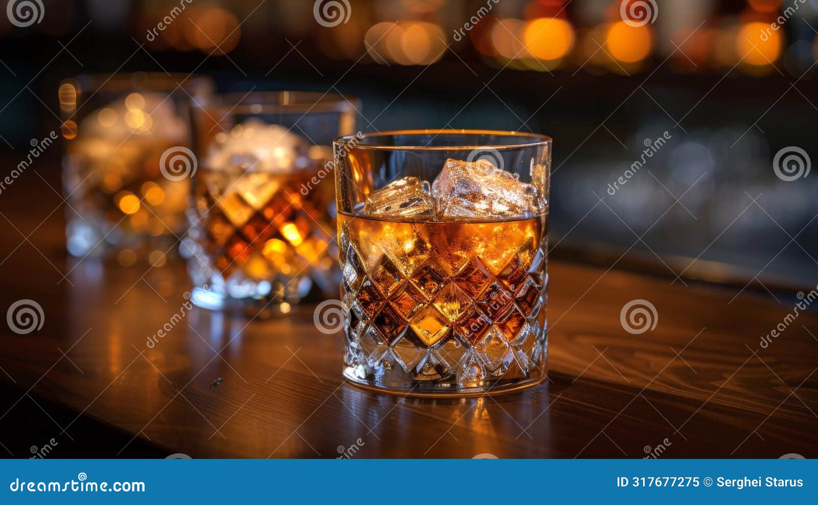 Two Glasses of Alcohol with Ice Cubes on a Bar, AI Stock Image - Image ...