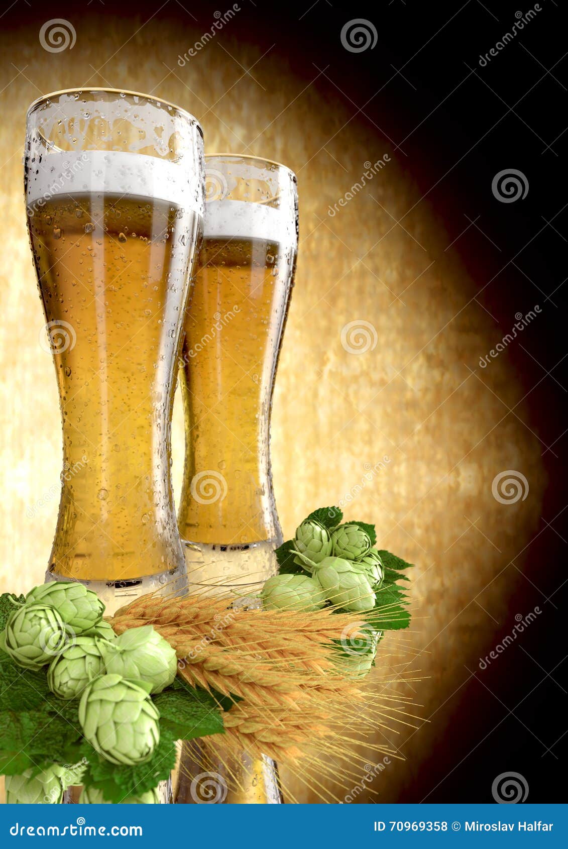 Two Glasses of Beer with Barley and Hops - 3D Render Stock Illustration ...