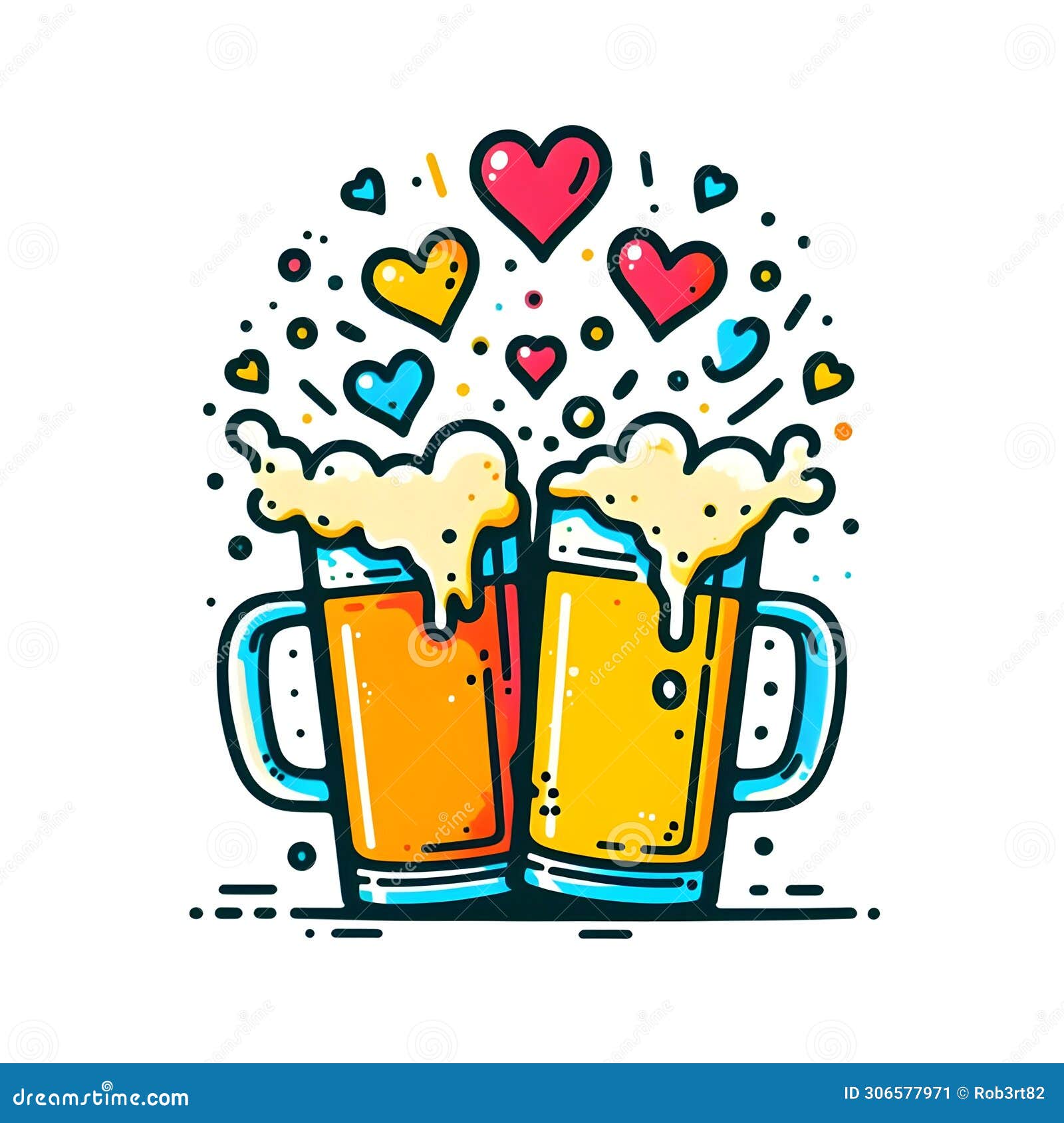 Two Glasses of Beer with Foam and Hearts. Vector Illustration in Sketch ...