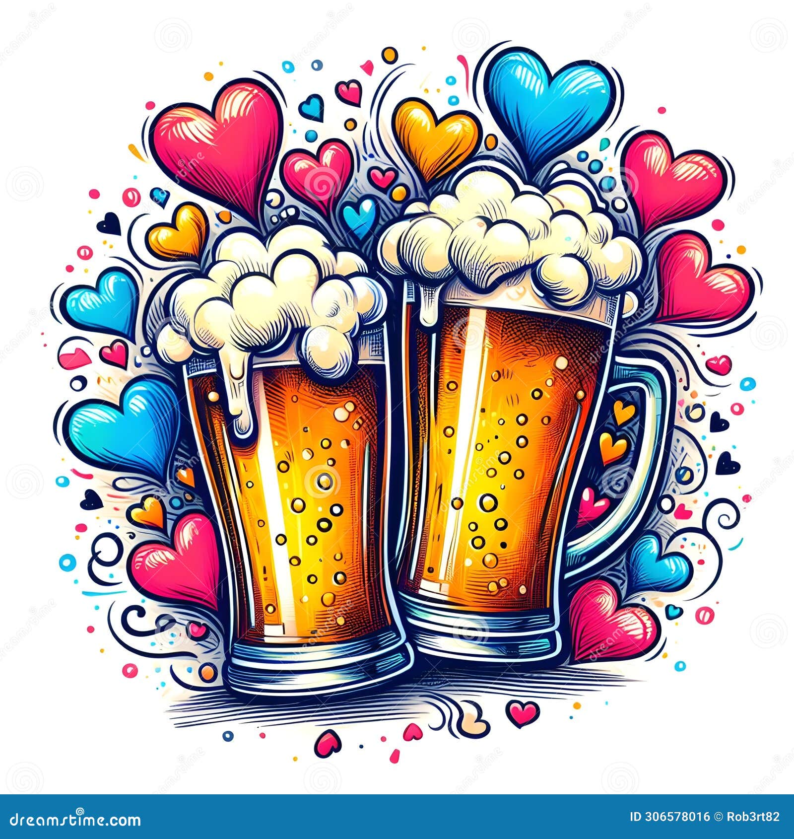 Two Glasses of Beer with Foam and Hearts. Vector Illustration in Sketch ...
