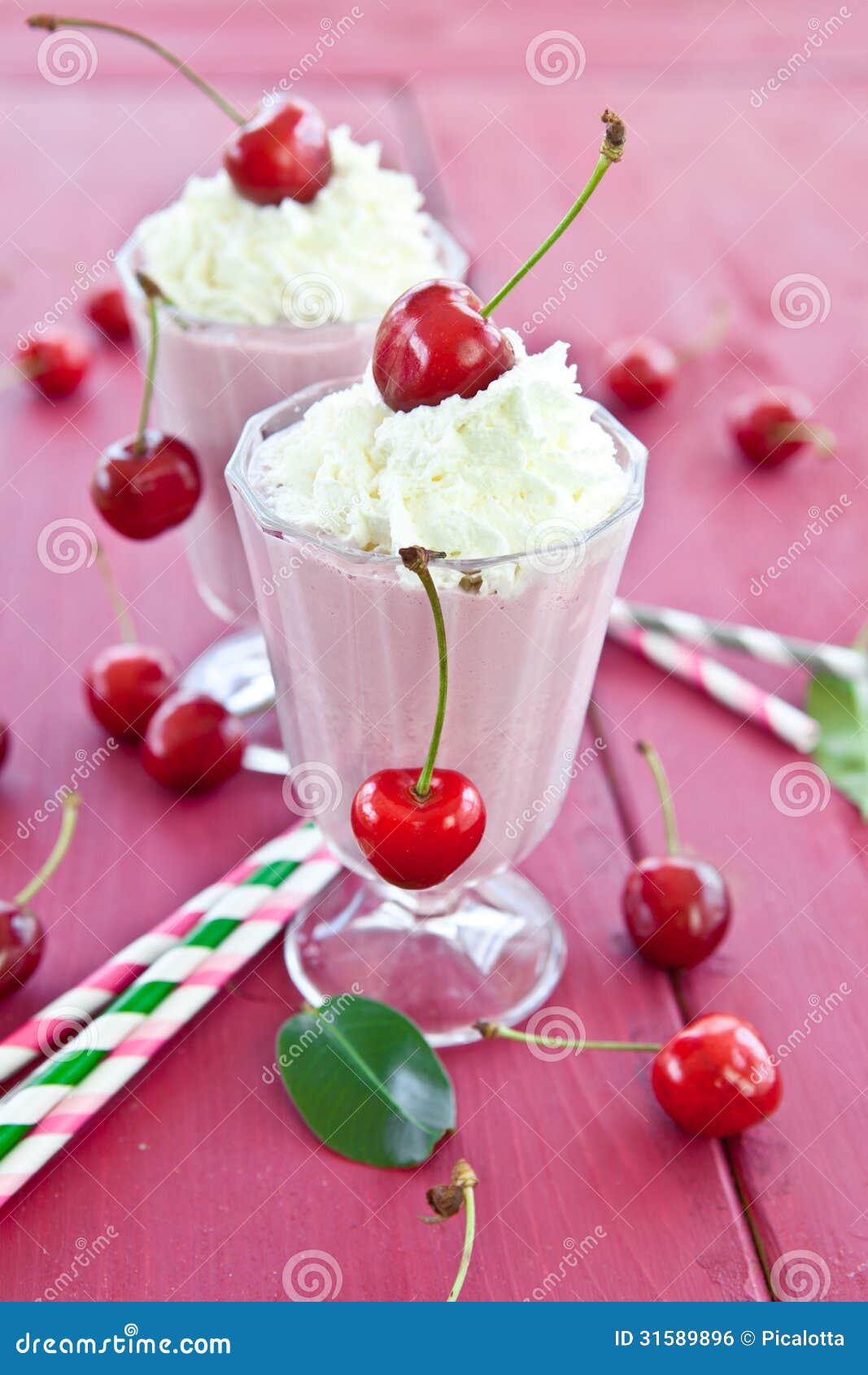 Two Glasses with Cherry Milkshake Stock Photo - Image of vertical ...