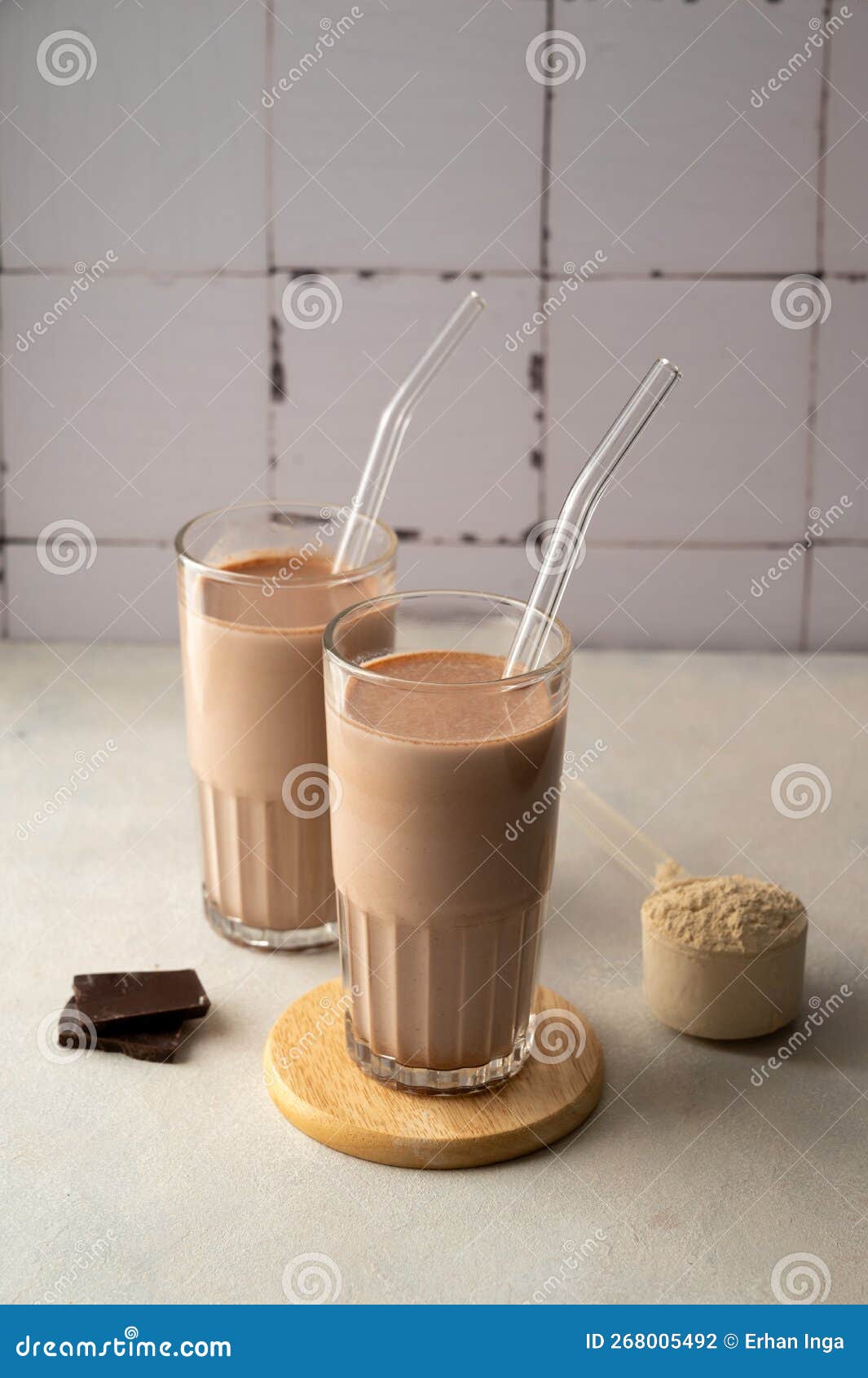 Two Glasses of Chocolate Protein Shake Drink with Glass Straws Stock ...