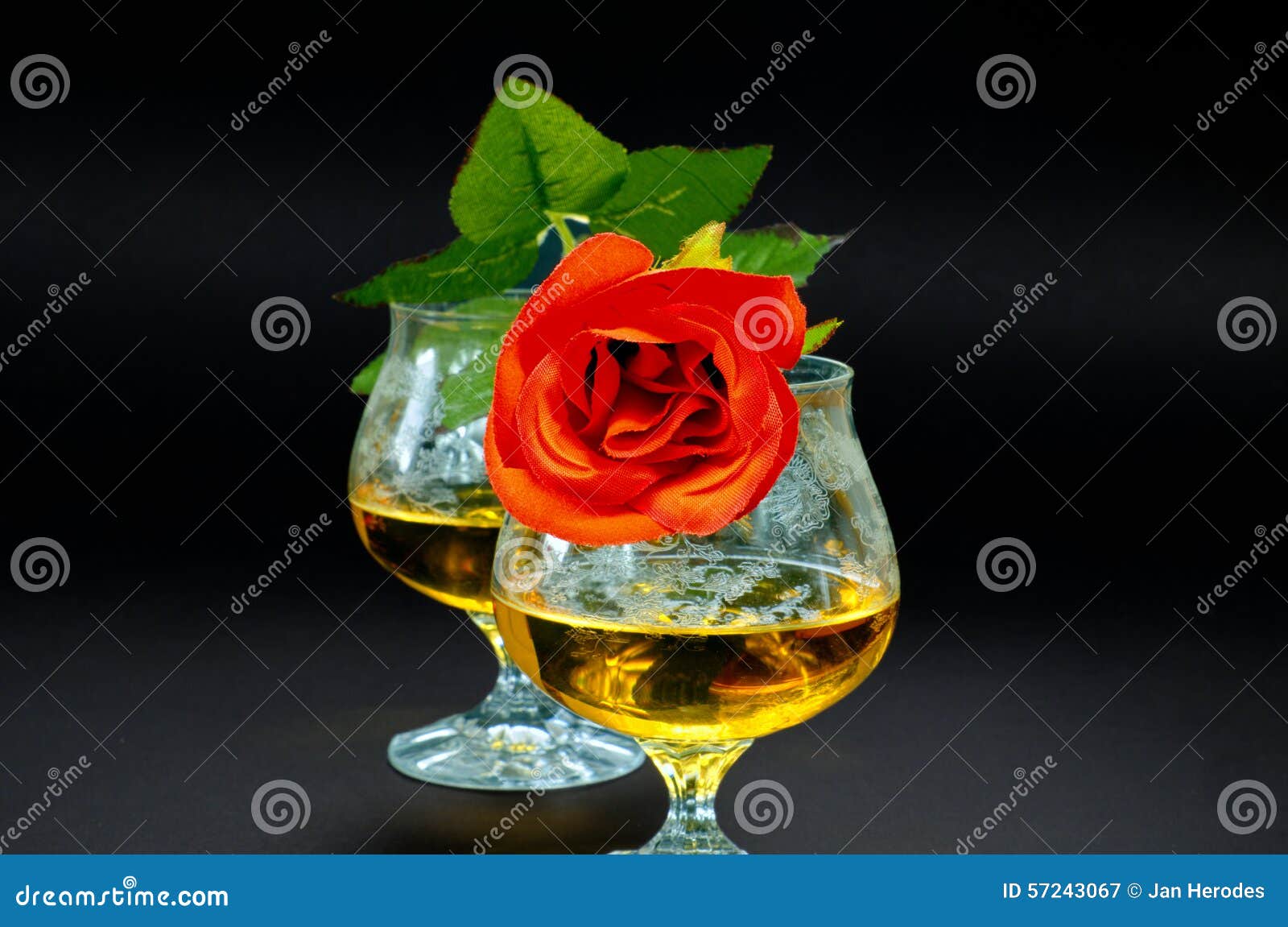 Two Glasses of Cognac with Red Rose Stock Image - Image of shot, rose ...