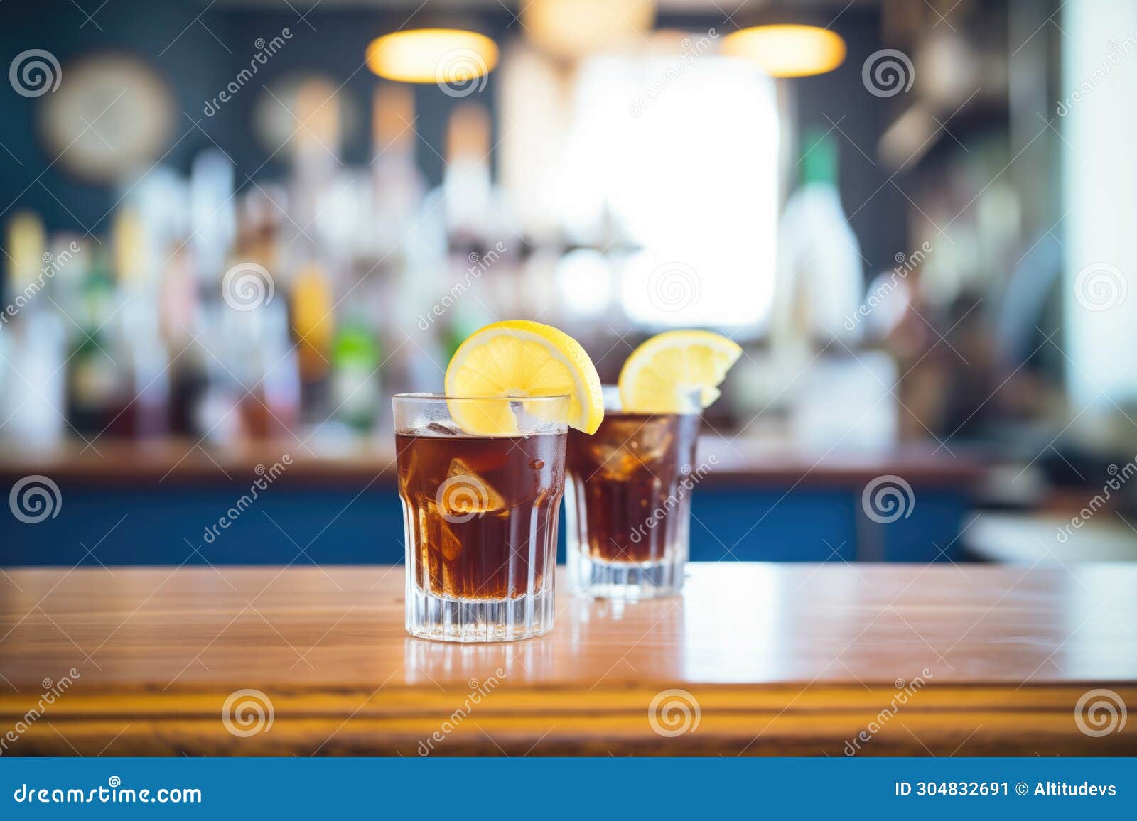 Two Glasses of Cola with Lemon Wedges on a Bar Stock Image - Image of ...