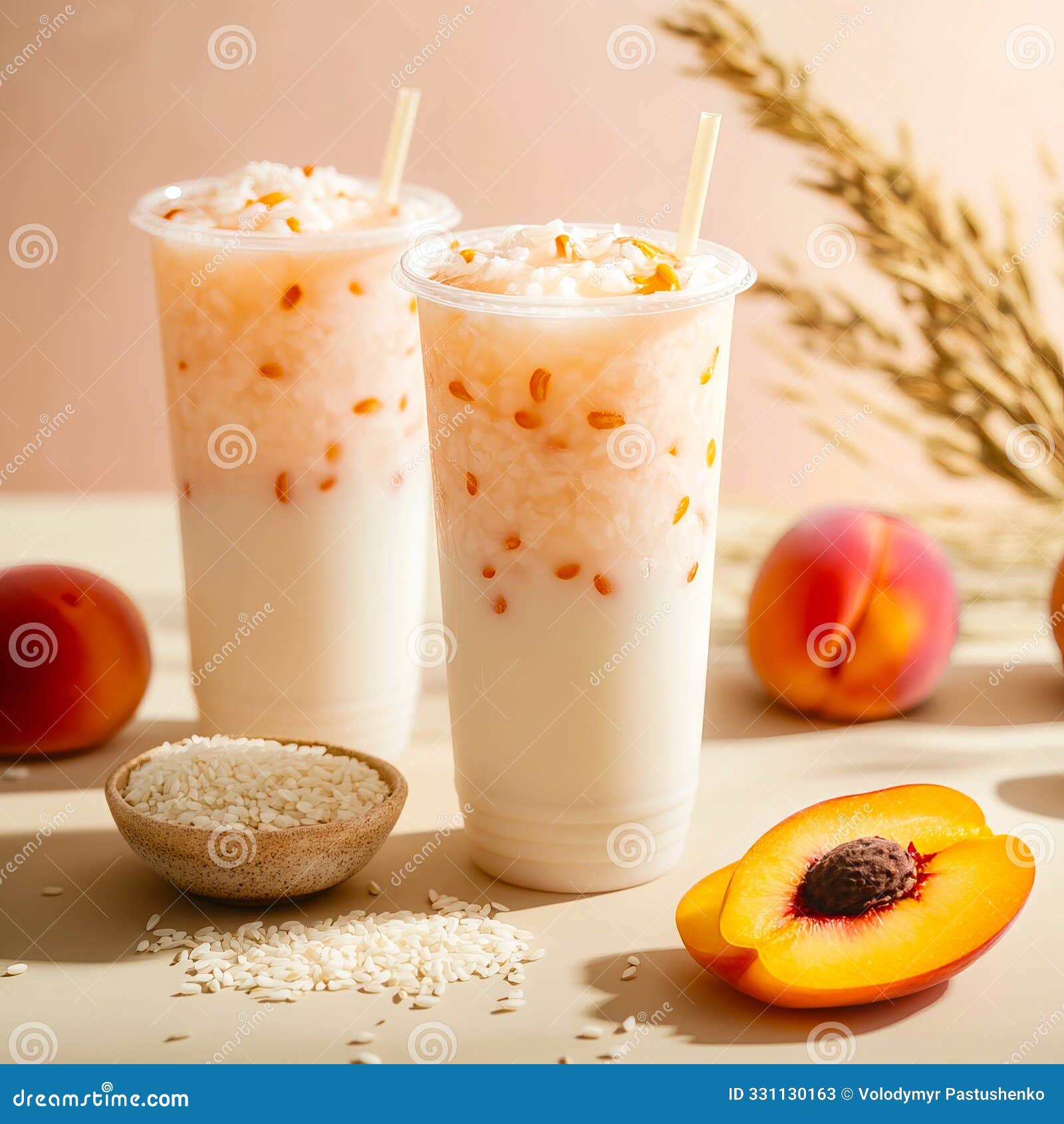Two Glasses of Iced Tea with Peaches and Rice on a Table Stock Image ...