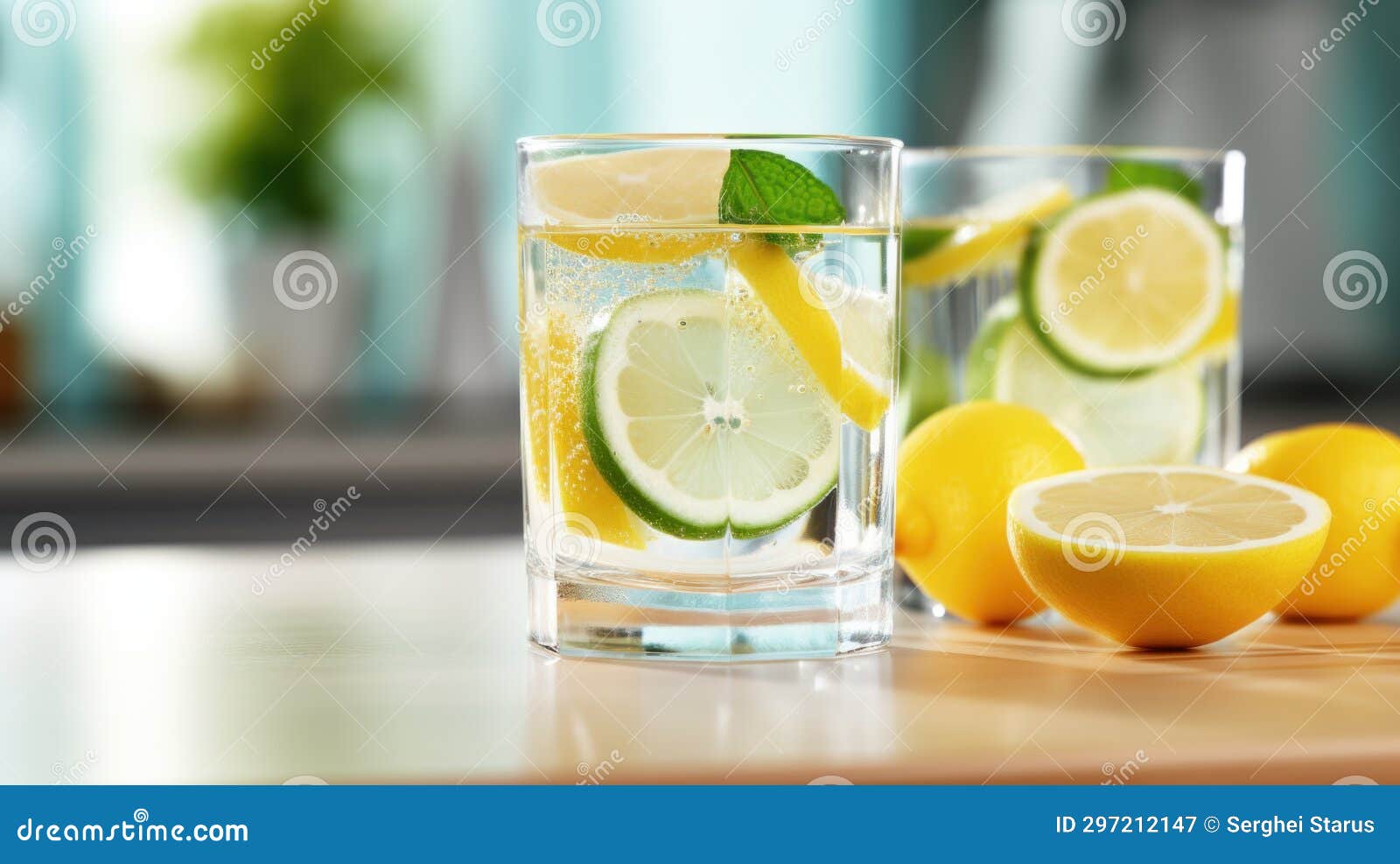 Two Glasses of Water with Lemons and Mint, AI Stock Image - Image of ...