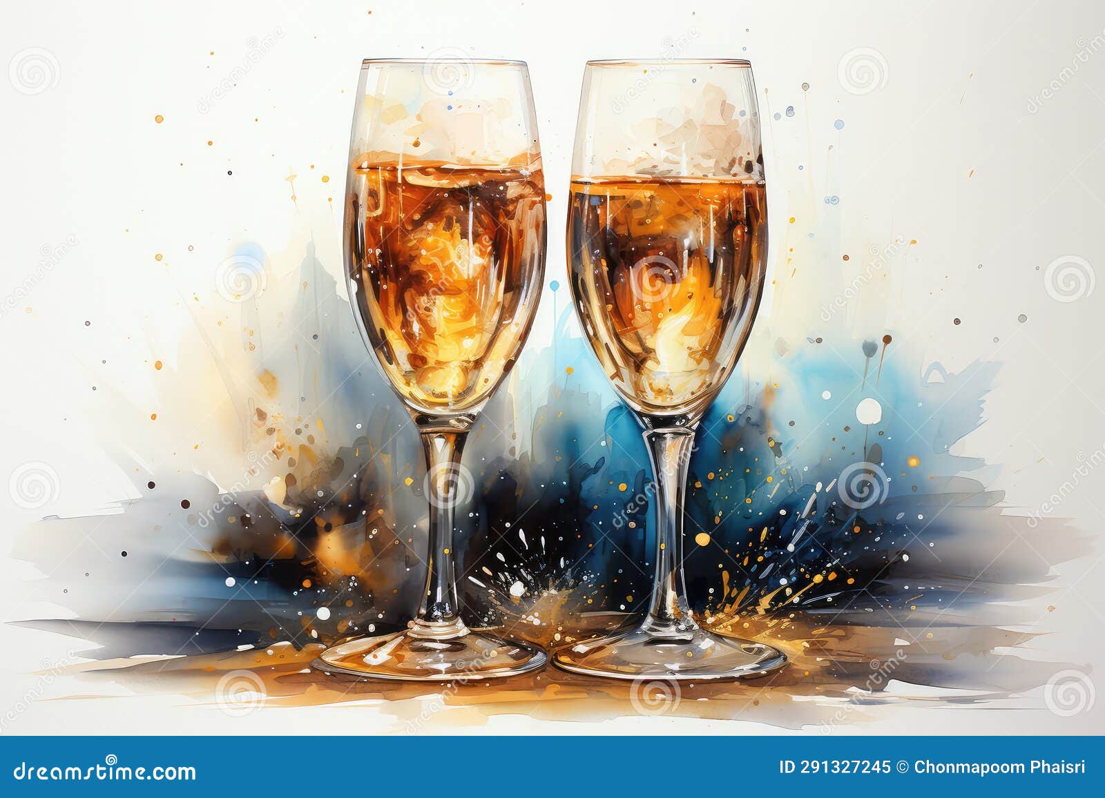 Two Glasses Of White Wine On Abstract Watercolor Background Digital