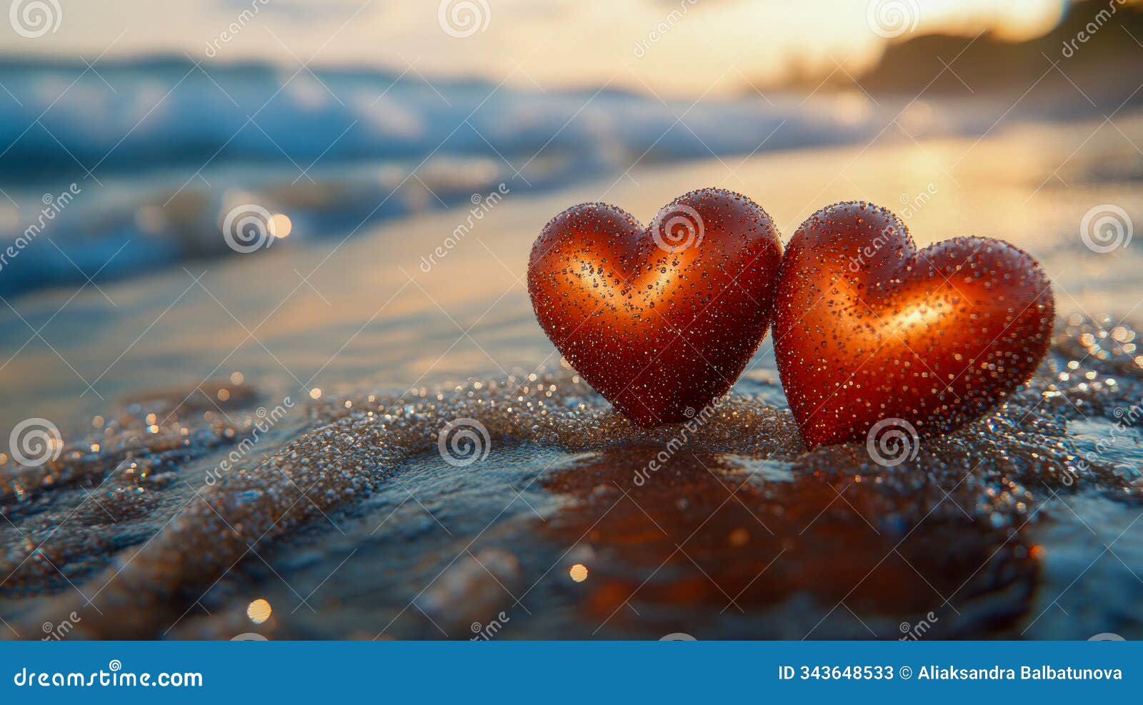 Two Glossy Red Hearts on Sandy Beach with Ocean Waves in Background ...