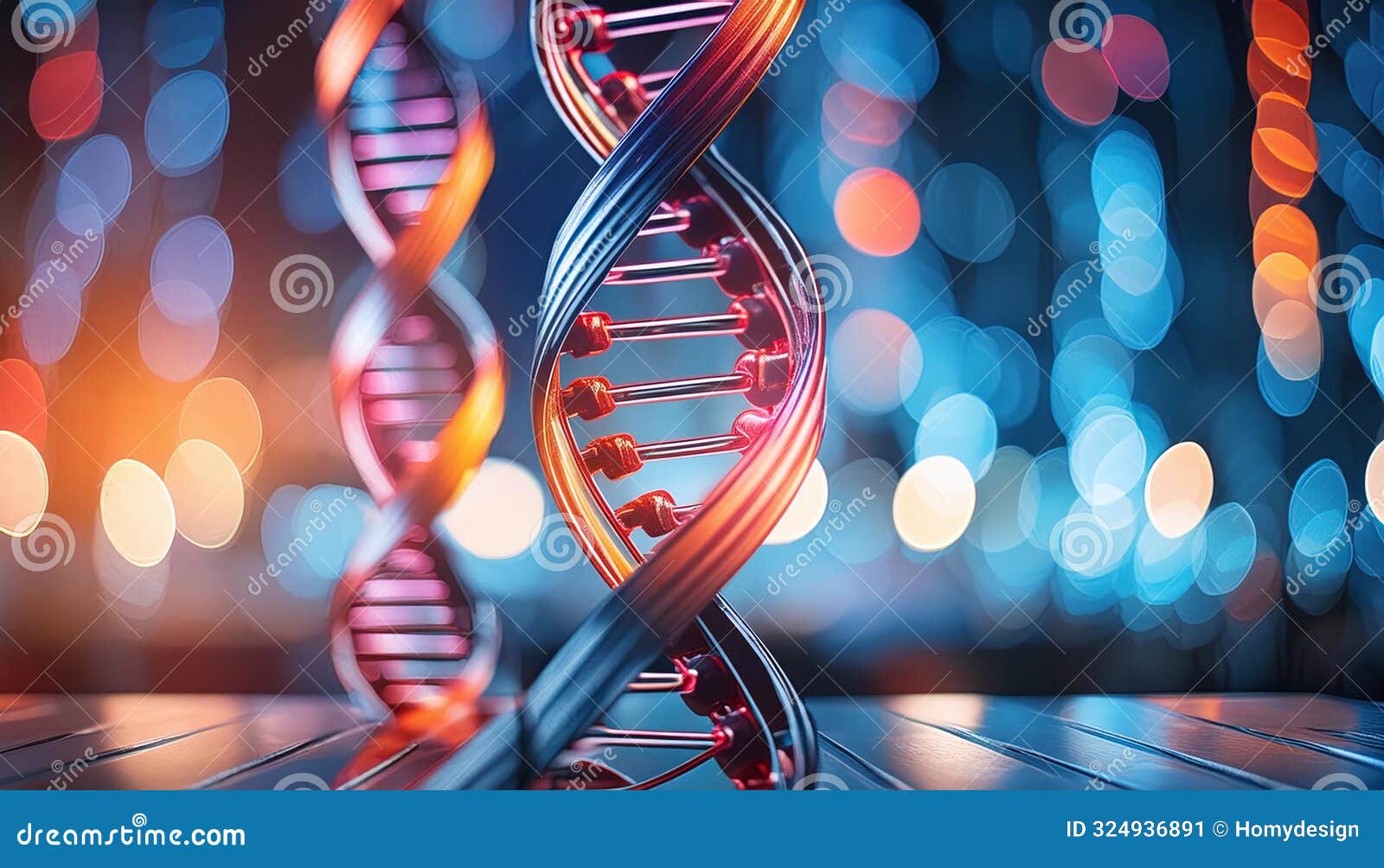 Two Glowing DNA Double Helices On A Reflective Surface Stock Photo ...