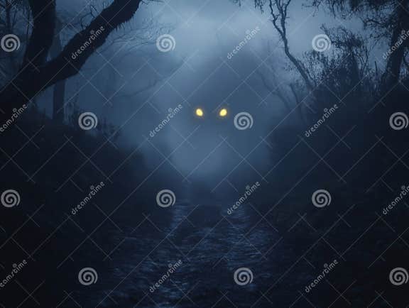 Two Glowing Eyes in a Foggy Forest Path Stock Illustration ...