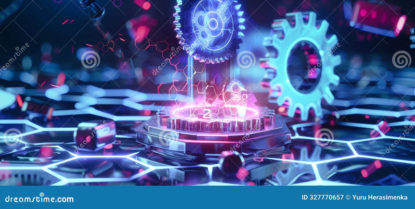 Two Glowing Gears Interlock And Spin Above Abstract Geometric Shapes ...